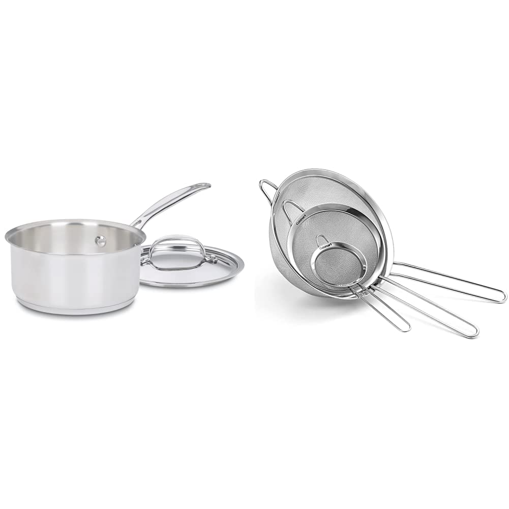 Cuisinart 719-14 1-Quart Chef's-Classic-Stainless-Cookware-Collection, Saucepan w/Cover & CTG-00-3MS Set of 3 Fine Set of Mesh Strainers, 1, Stainless Steel