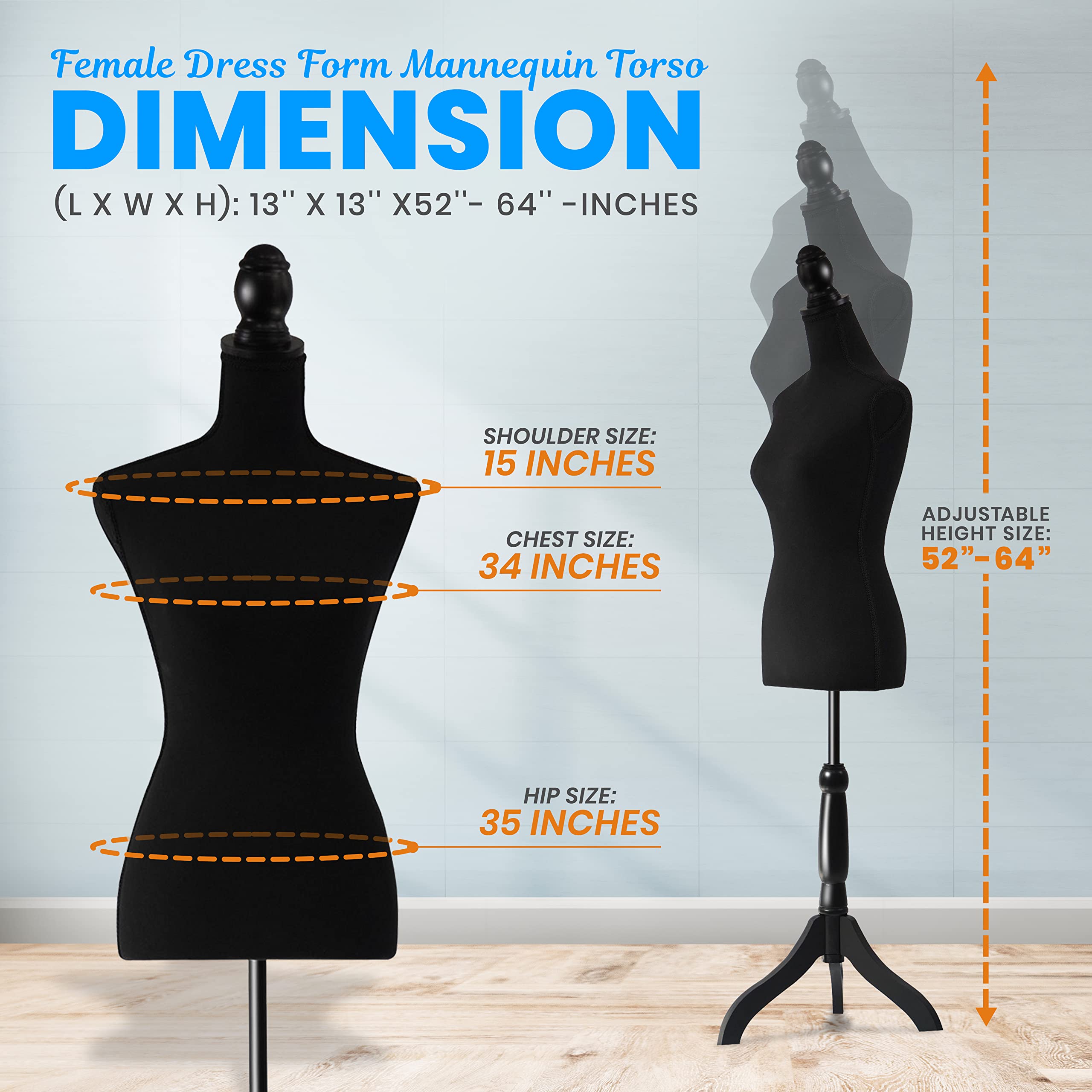 SereneLife Torso Display Female Mannequin with Adjustable Height (52-64 Inches), Easy-to-Assemble Design, Lightweight & Durable, Stable Tripod Stand, Perfect for Clothing Display