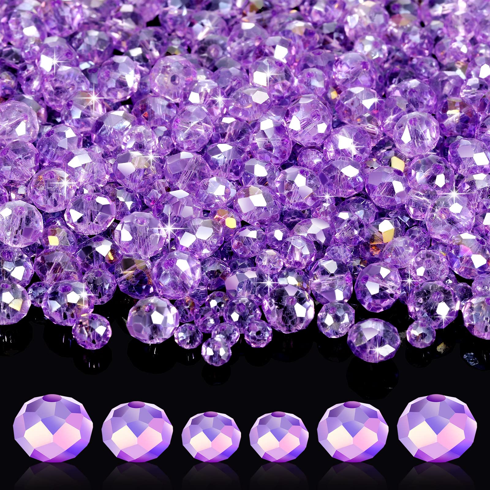 WILLBOND 600 Pcs Crystal Glass Beads for Jewelry Making Bulk Faceted Gemstone Rondelle Loose Beads for Bracelet DIY Crafts 8 mm, 6 mm, 4 mm(Purple)