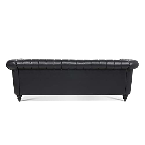 84" Chesterfield 3 Seater Sofa Black with Rolled Arm, Mid Century Modern Striped PU Leather Couch for Small Spaces