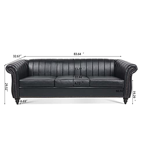 84" Chesterfield 3 Seater Sofa Black with Rolled Arm, Mid Century Modern Striped PU Leather Couch for Small Spaces
