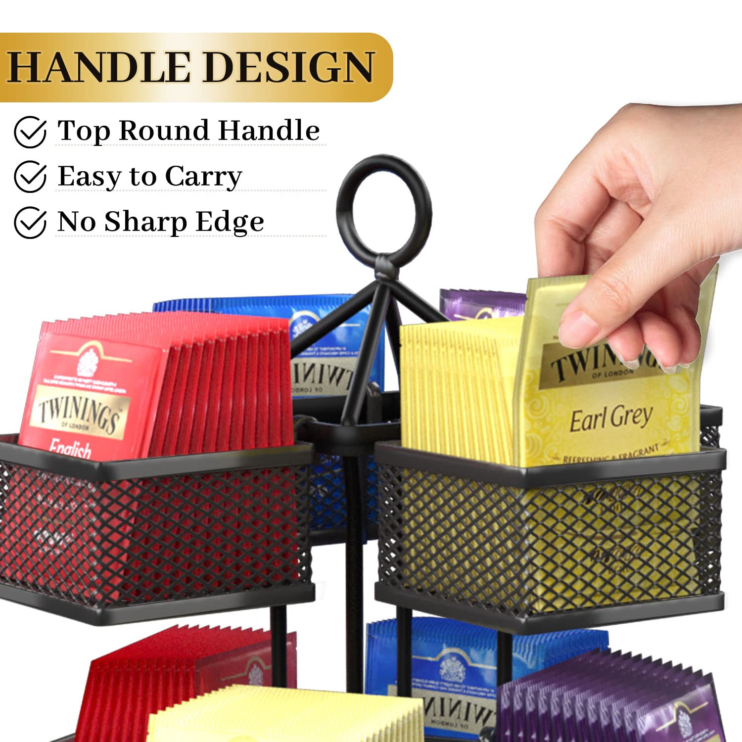 BUDO Tea Bag Organizer, Spinning Carousel Container with 8 Compartments, Up to 96 Tea bags Storage Holder, Lazy Susan Coffee Creamer Sweetener Tea Caddy for Kitchen Counter Pantry Organizer