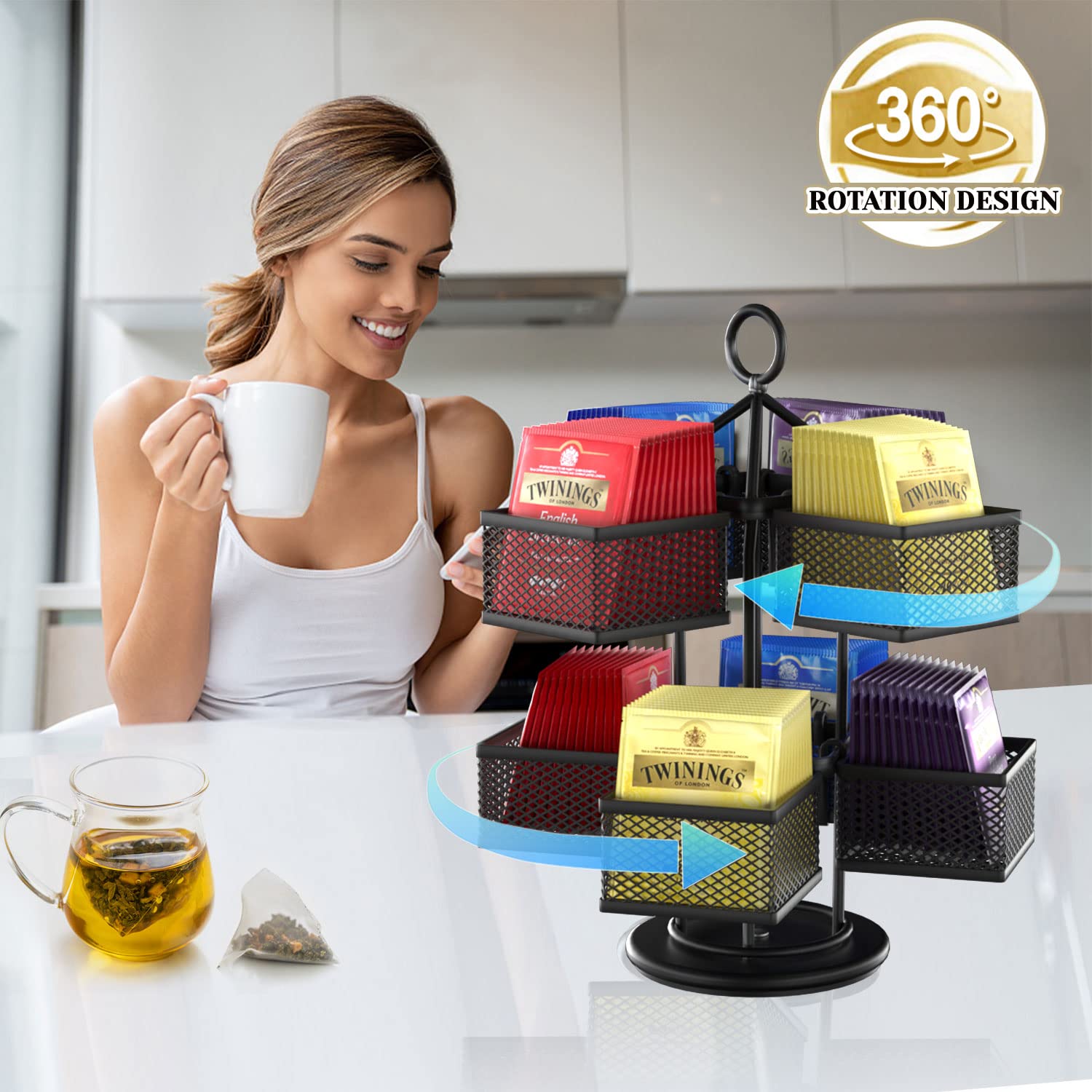BUDO Tea Bag Organizer, Spinning Carousel Container with 8 Compartments, Up to 96 Tea bags Storage Holder, Lazy Susan Coffee Creamer Sweetener Tea Caddy for Kitchen Counter Pantry Organizer