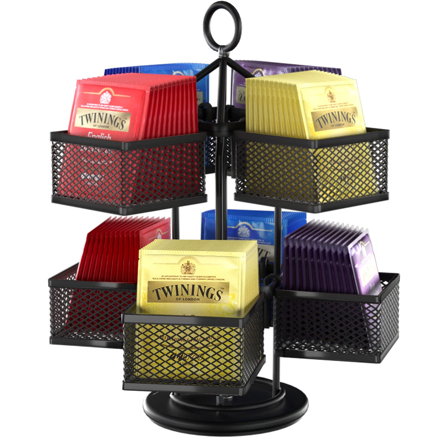 BUDO Tea Bag Organizer, Spinning Carousel Container with 8 Compartments, Up to 96 Tea bags Storage Holder, Lazy Susan Coffee Creamer Sweetener Tea Caddy for Kitchen Counter Pantry Organizer