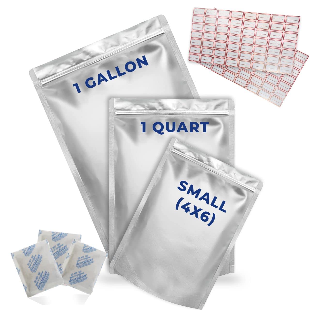 MAGOR 100 pcs Mylar Bags for Food Storage with Oxygen Absorbers +Labels ,1 Gallon 10x15(25pcs),1Quart 7x10(35pcs),small 4x6(40pcs) Stand Up Zipper Resealable Bags heat sealable for long term storage