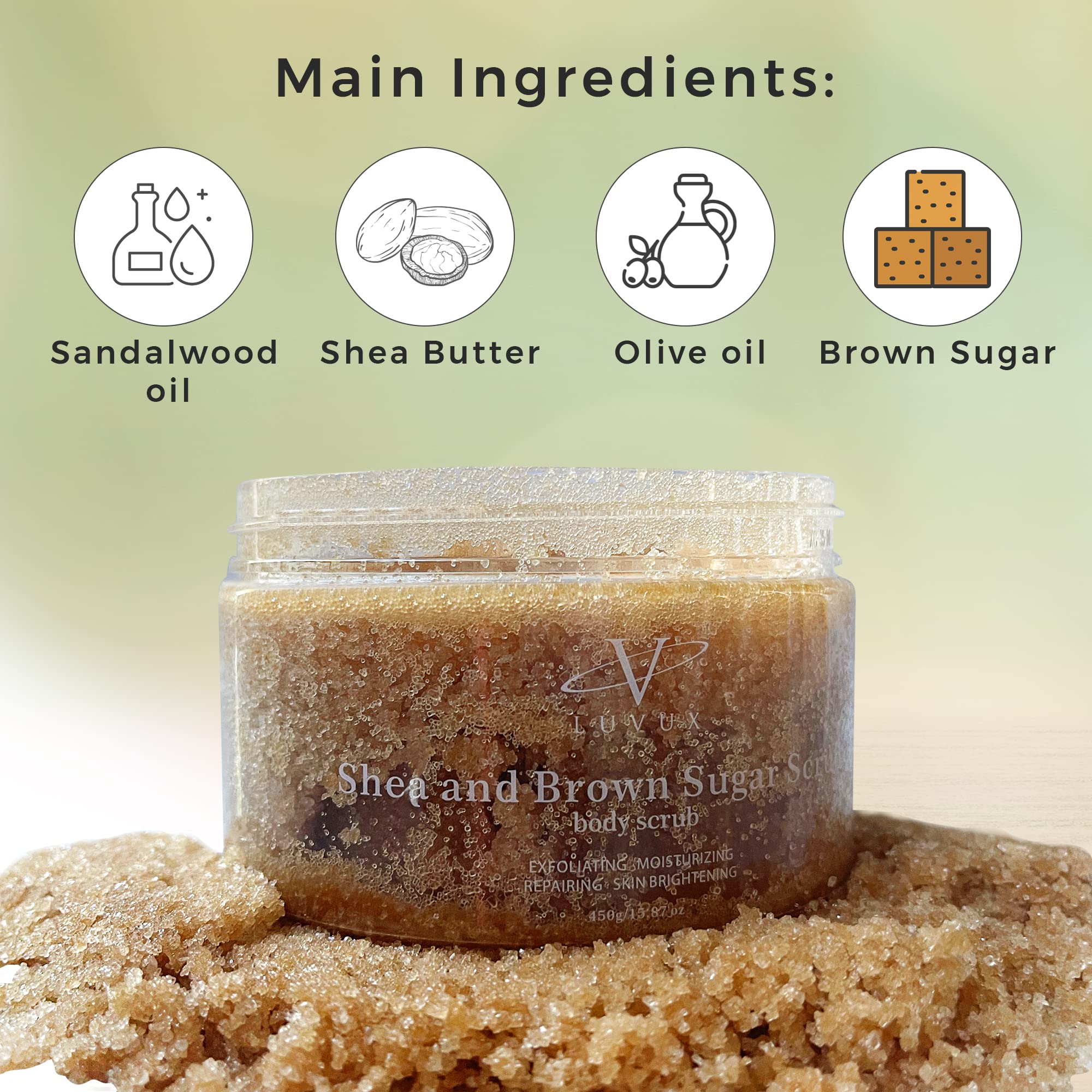 LUVUX Shea Brown Sugar Scrub - Exfoliating Body Scrub for Healthy, Silky, and Instant Glowing Skin – Fights Acne Scars, Stretch Marks, and Wrinkles - Natural Moisturizer and Soothing Texture - 15.84 Oz - Sandalwood Oil Scent
