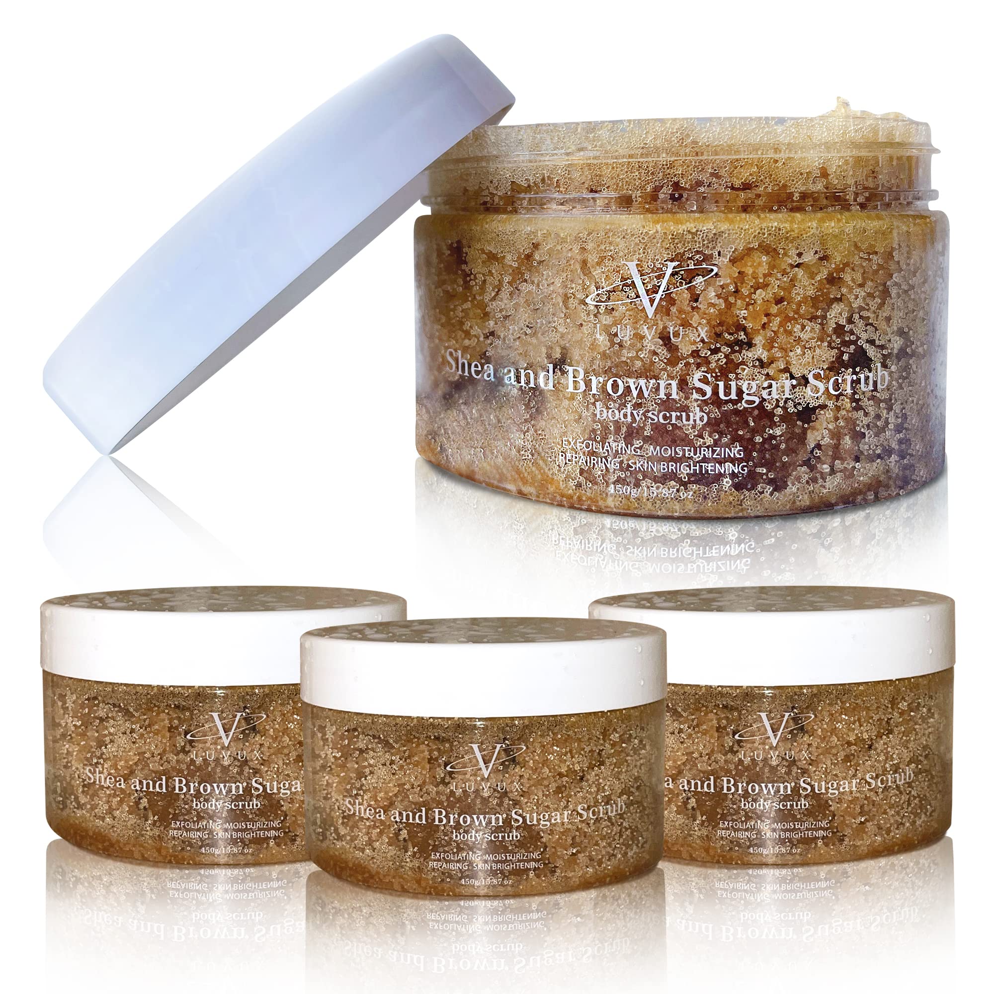LUVUX Shea Brown Sugar Scrub - Exfoliating Body Scrub for Healthy, Silky, and Instant Glowing Skin – Fights Acne Scars, Stretch Marks, and Wrinkles - Natural Moisturizer and Soothing Texture - 15.84 Oz - Sandalwood Oil Scent