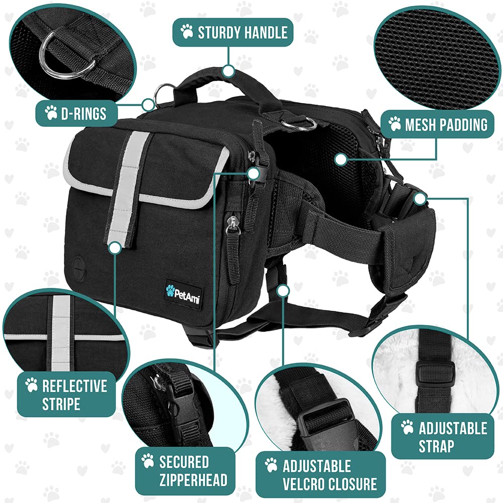 PetAmi Dog Backpack for Medium Large Dogs, Dog Saddle Bag For Dogs to Wear, Tactical Harness Saddlebag with Reflective Safety Side Pockets for Hiking, Camping, Vest Dog Pack for Travel (Black, Medium)