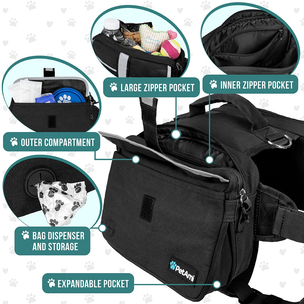 PetAmi Dog Backpack for Medium Large Dogs, Dog Saddle Bag For Dogs to Wear, Tactical Harness Saddlebag with Reflective Safety Side Pockets for Hiking, Camping, Vest Dog Pack for Travel (Black, Medium)