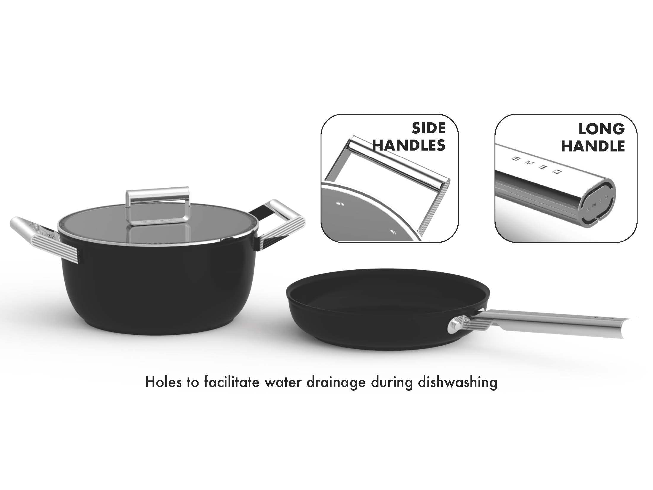 SMEG 6PC Cookware Set, Black 9.5" Fry Pan 11" Fry Pan 3qt Sauce Pan 5 Qt Casserole CKFB06BLMUS Made in Italy