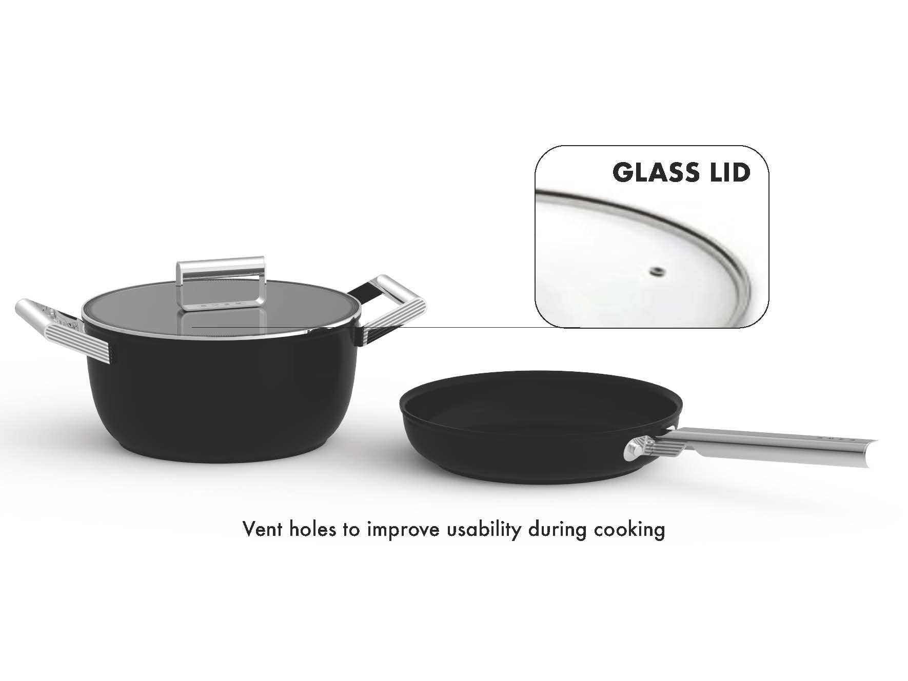 SMEG 6PC Cookware Set, Black 9.5" Fry Pan 11" Fry Pan 3qt Sauce Pan 5 Qt Casserole CKFB06BLMUS Made in Italy