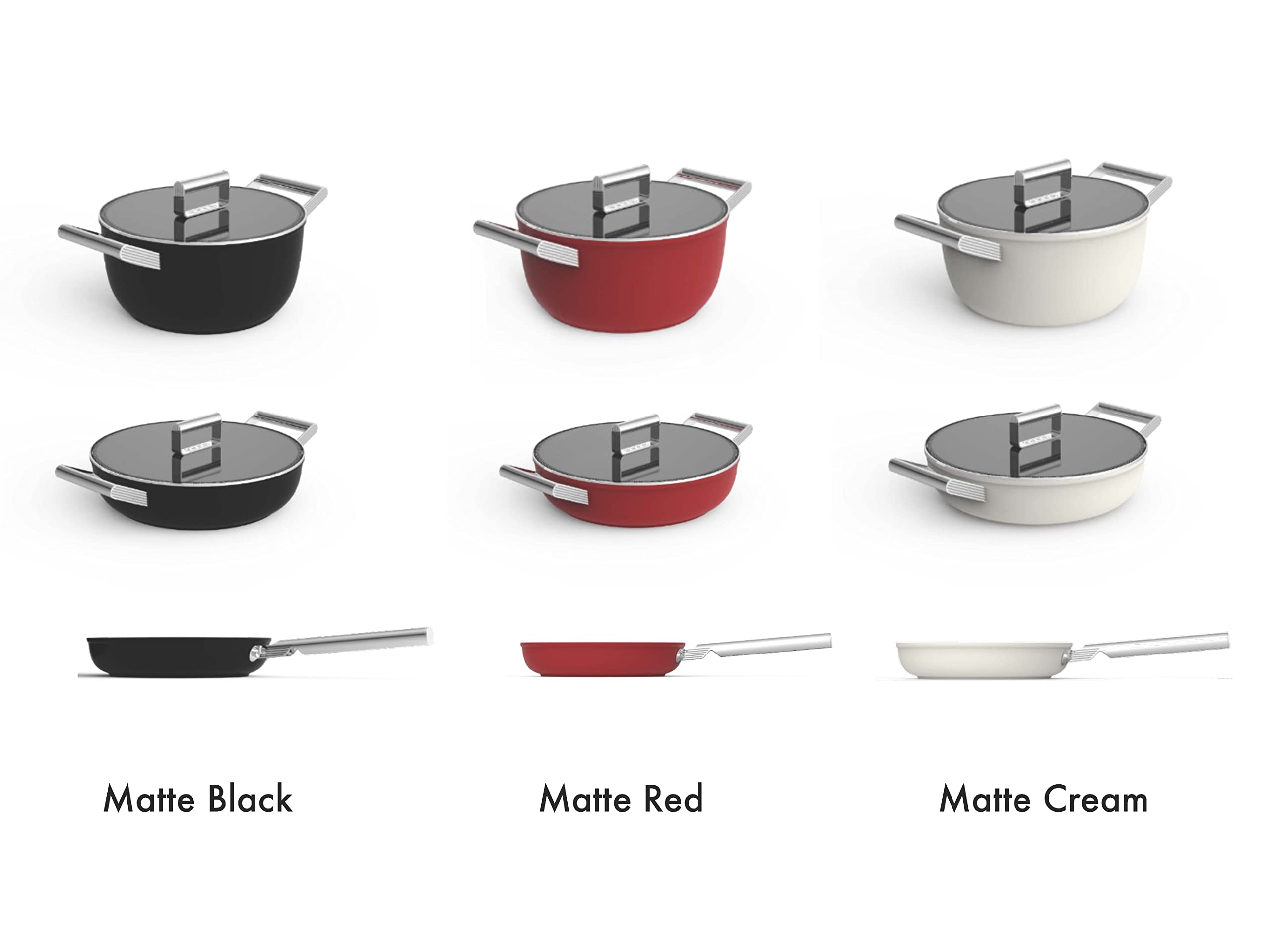 SMEG 6PC Cookware Set, Black 9.5" Fry Pan 11" Fry Pan 3qt Sauce Pan 5 Qt Casserole CKFB06BLMUS Made in Italy