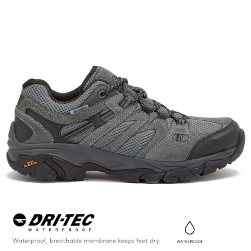 HI-TEC Ravus WP Low Waterproof Hiking Shoes for Men, Lightweight Breathable Outdoor Trekking and Trail Shoes - Dark Grey, 13 Extra Wide