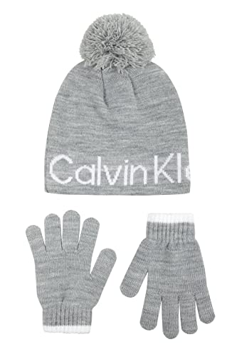 Calvin Klein Girl's Metallic Beanie with Pom and Gloves Set, Light Grey Heather, 8-16