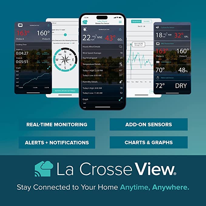 La Crosse Technology Complete Personal Remote Monitoring Wi-Fi Weather Station, Indoor/Outdoor, Temperature and Humidity, Rain Fall Data, Barometer, Black, V61