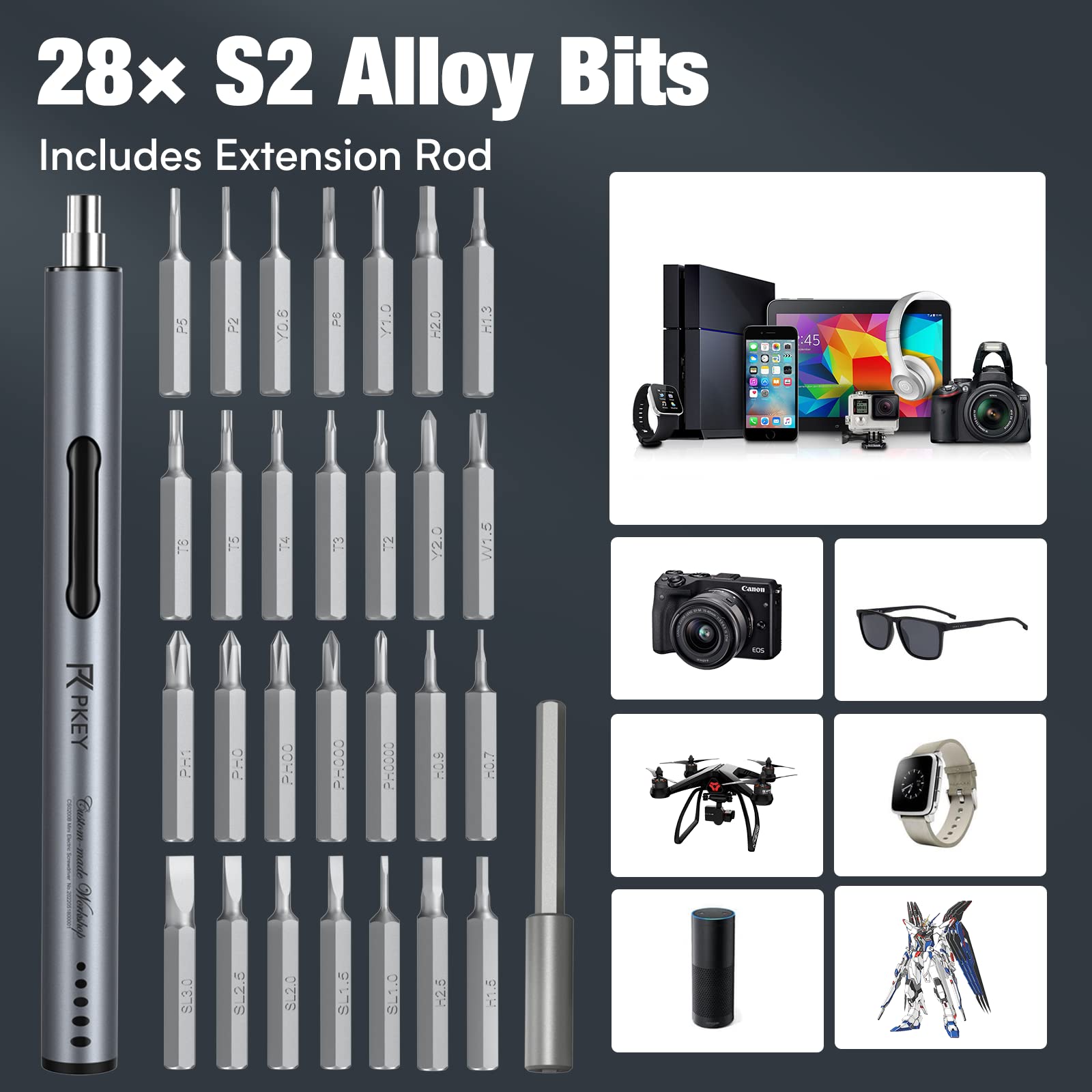 PKEY Mini Electric Screwdriver, All-in-One Precision Electric Screwdriver, 2 Torque with 28 Magnetic Precision Bits,LED Light & Dual Mode, Repair Tool Set for Phone Camera Laptop Watch