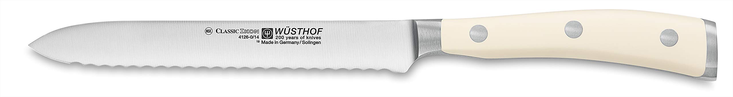 Wusthof Classic Ikon 5-Inch Serrated Utility Knife, Creme
