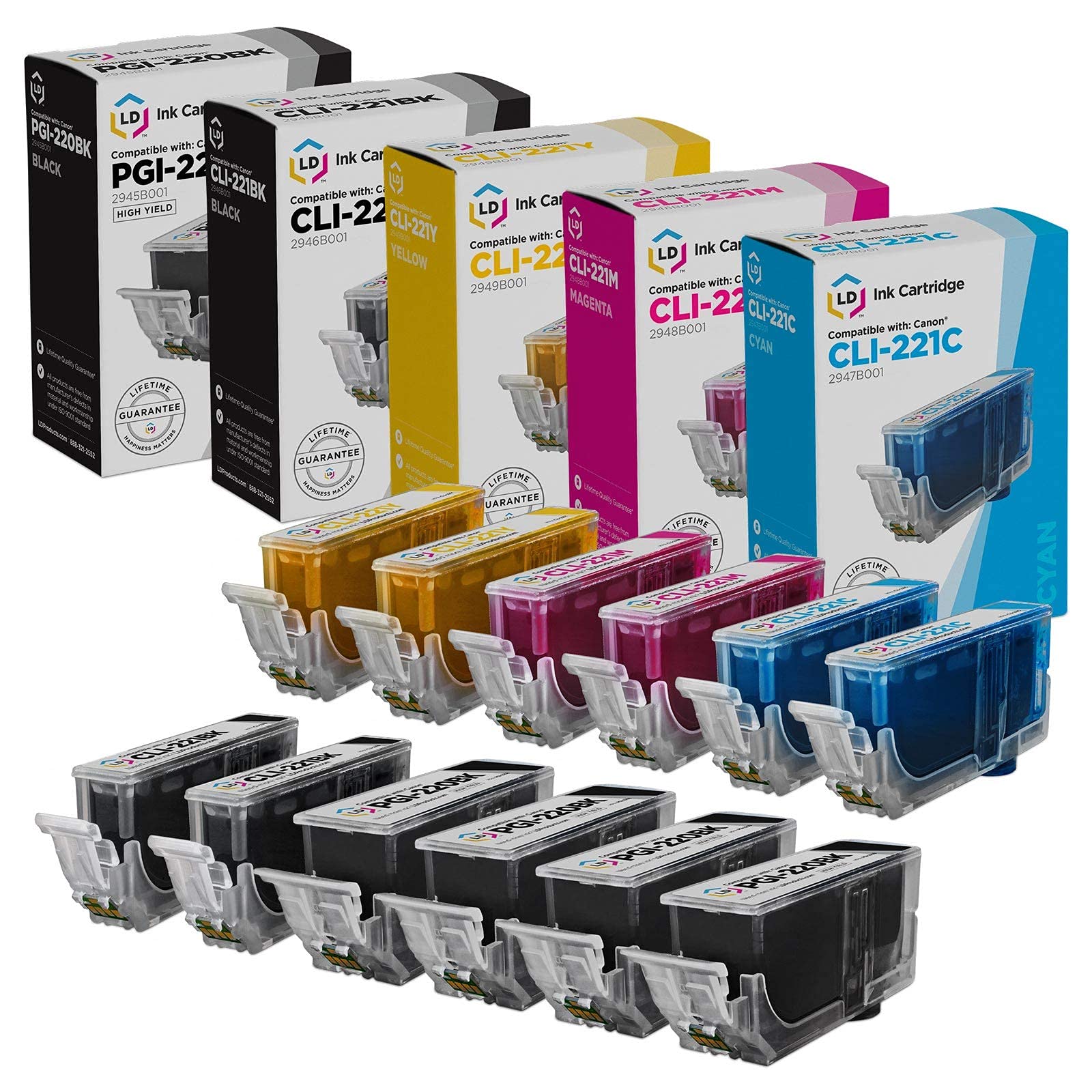 LD Compatible Ink Cartridge Replacement for Canon PGI-220 & CLI-221 (4 Pigment Black, 2 Black, 2 Cyan, 2 Magenta, 2 Yellow, 12-Pack)