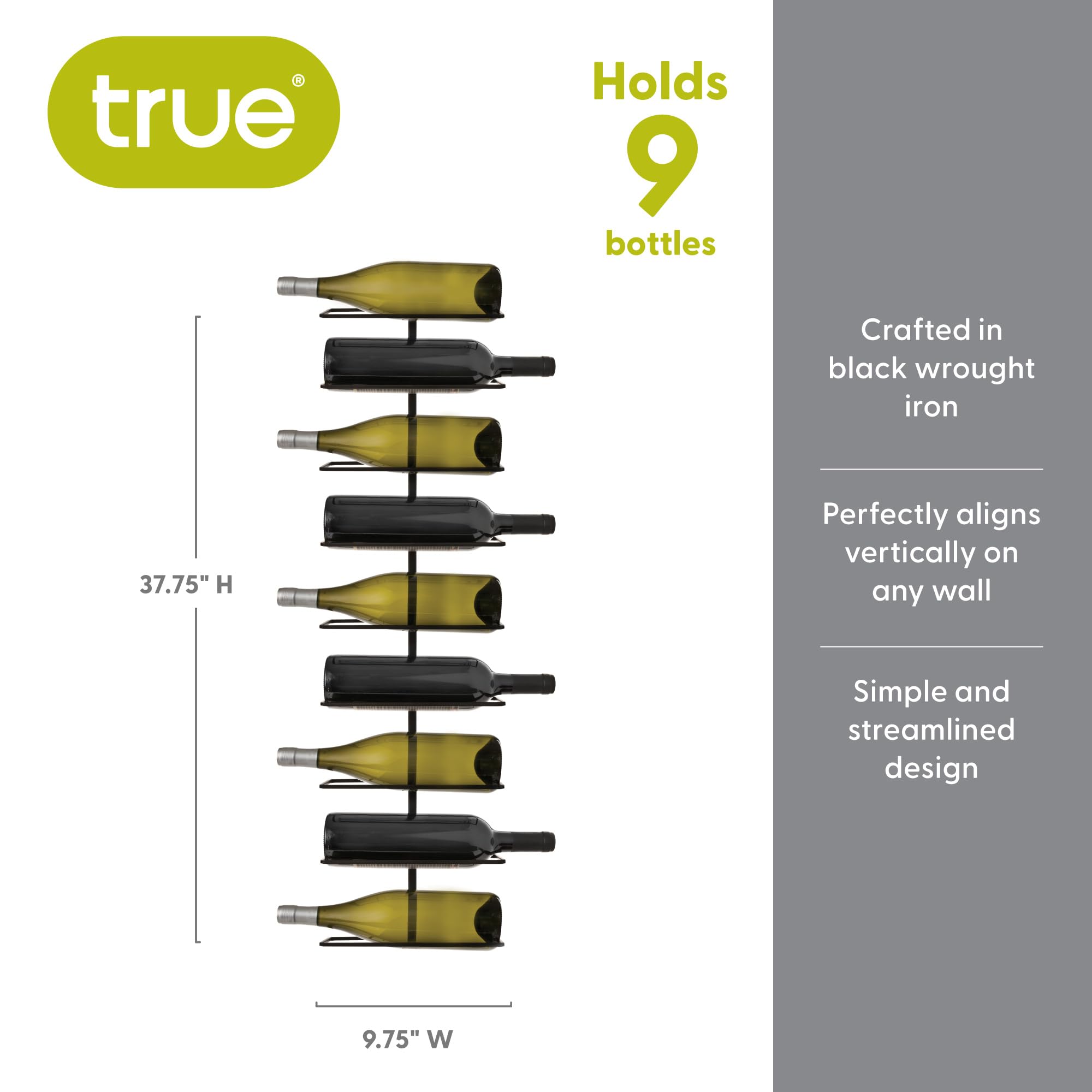 True Align Wall-Mounted Wine Rack, Black Wrought Iron, Minimalist Modern Wine Display, Alcohol Storage Solution, Holds Nine Standard Wine Bottles, 37.75" x 9.75"