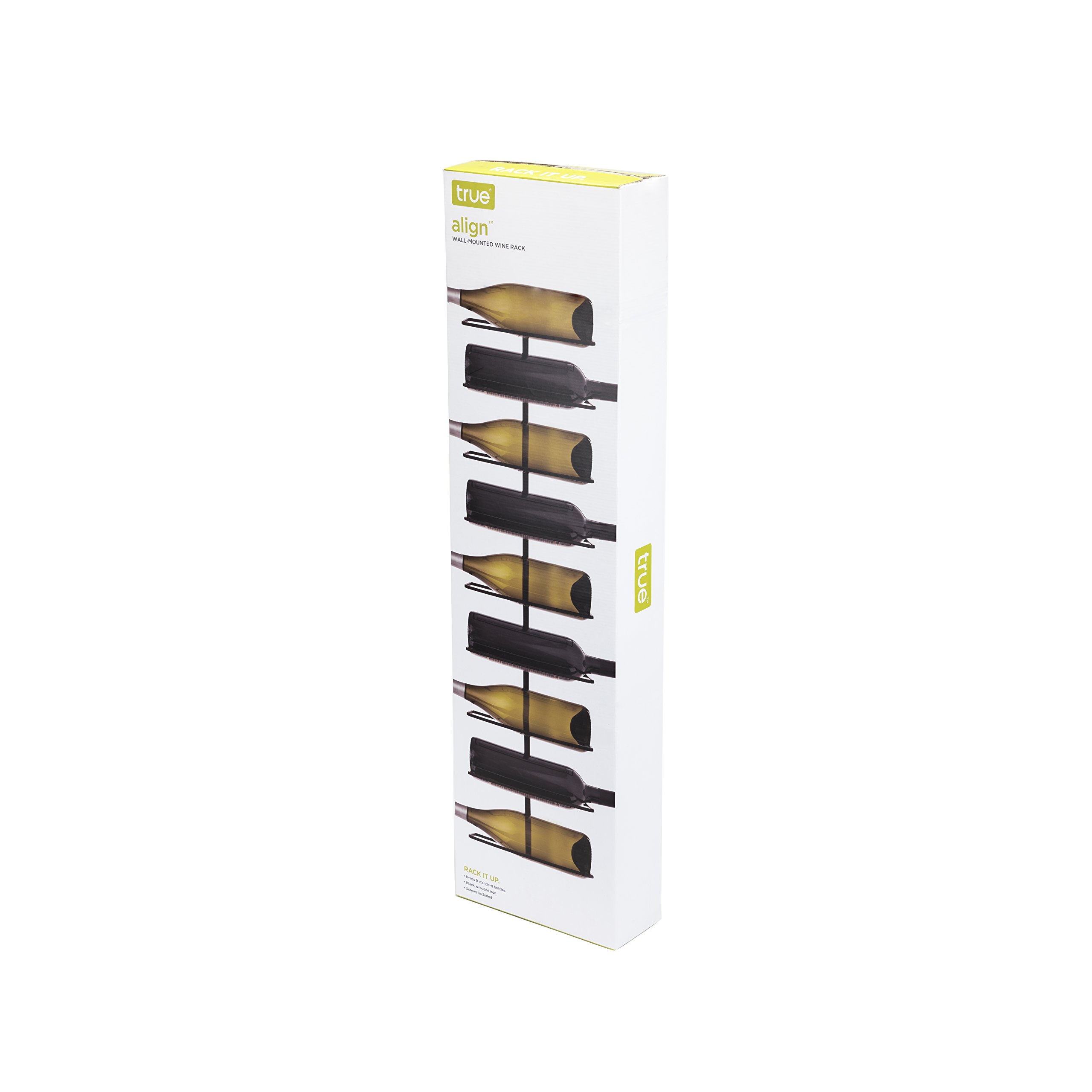 True Align Wall-Mounted Wine Rack, Black Wrought Iron, Minimalist Modern Wine Display, Alcohol Storage Solution, Holds Nine Standard Wine Bottles, 37.75" x 9.75"