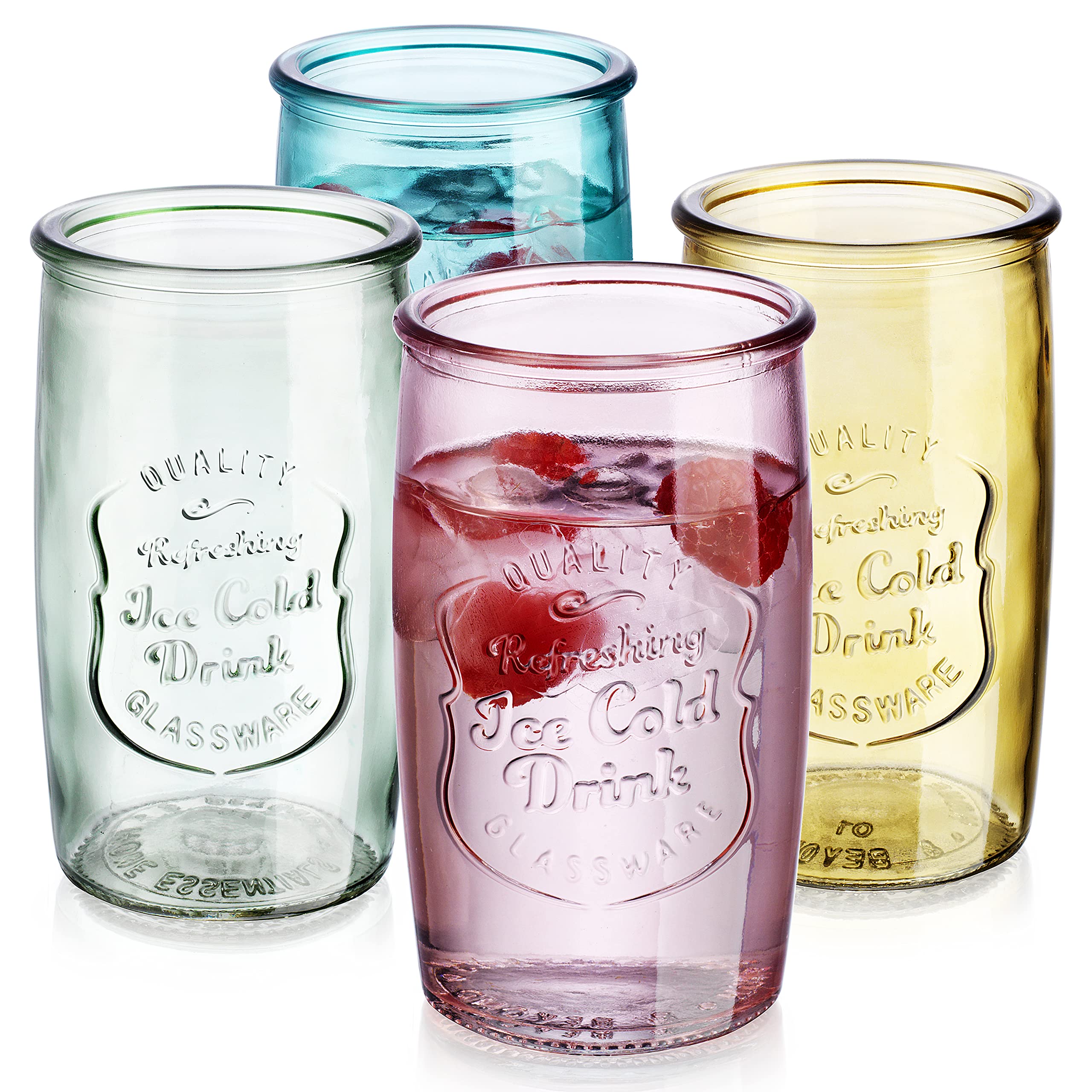 Glaver's Colored Glassware, Ice Cold Drinking Glasses Set of 4 – 20 Oz Vintage Drinking Glasses for Kitchen, Dining Table – Red, Yellow, Blue, and Green Glass Tumblers