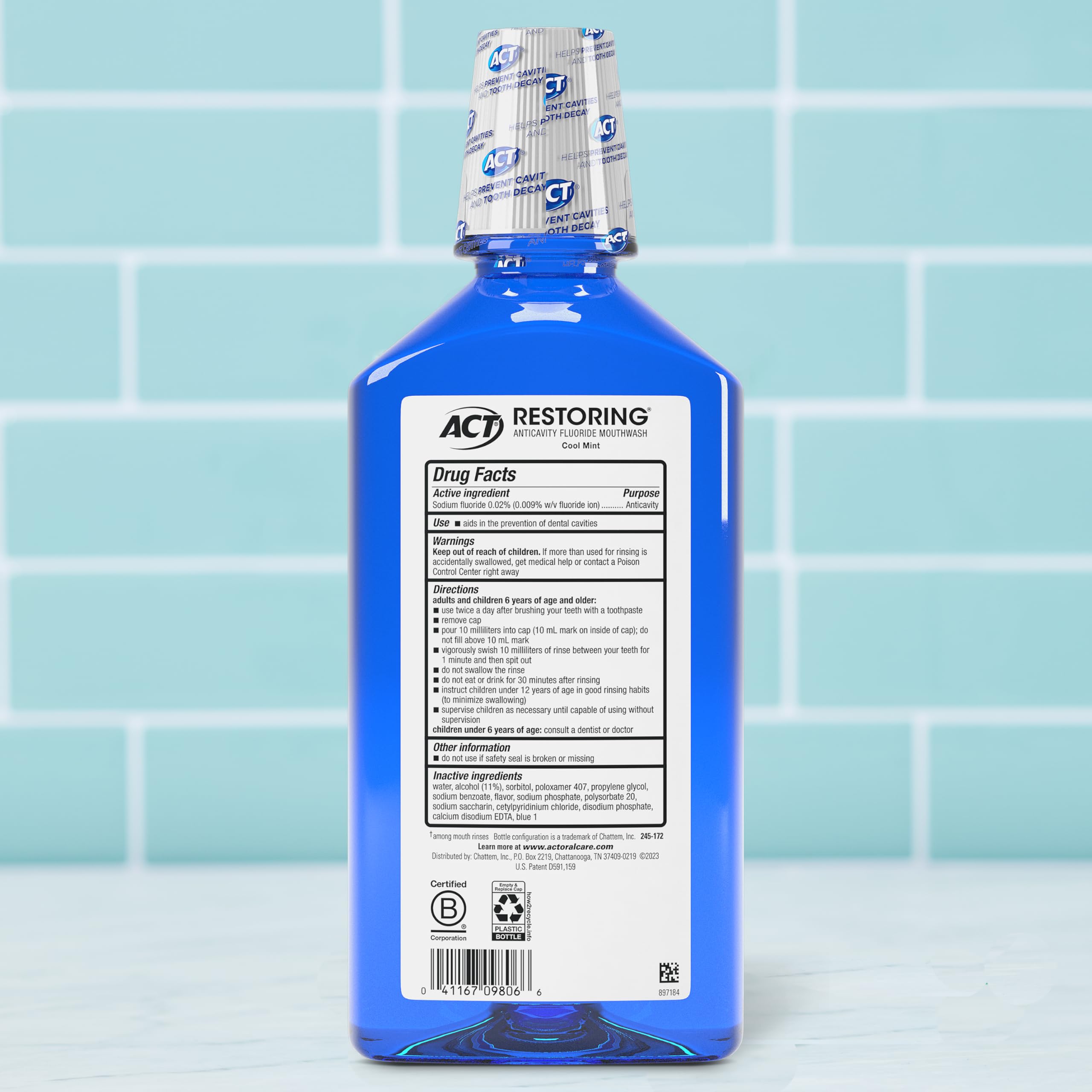 ACT Restoring Fluoride Mouthwash 33.8 fl. oz. Strengthens Tooth Enamel, Cool Mint