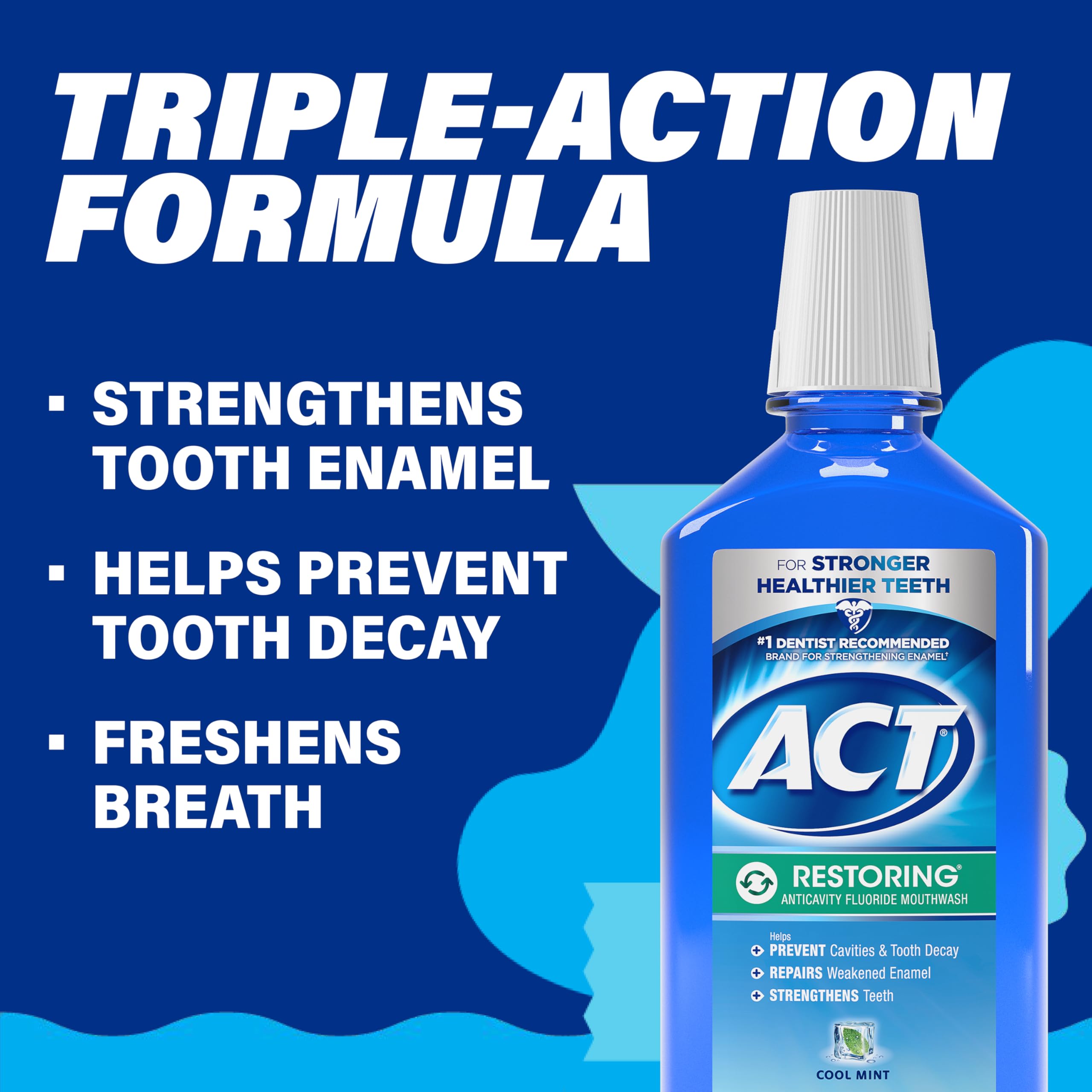 ACT Restoring Fluoride Mouthwash 33.8 fl. oz. Strengthens Tooth Enamel, Cool Mint