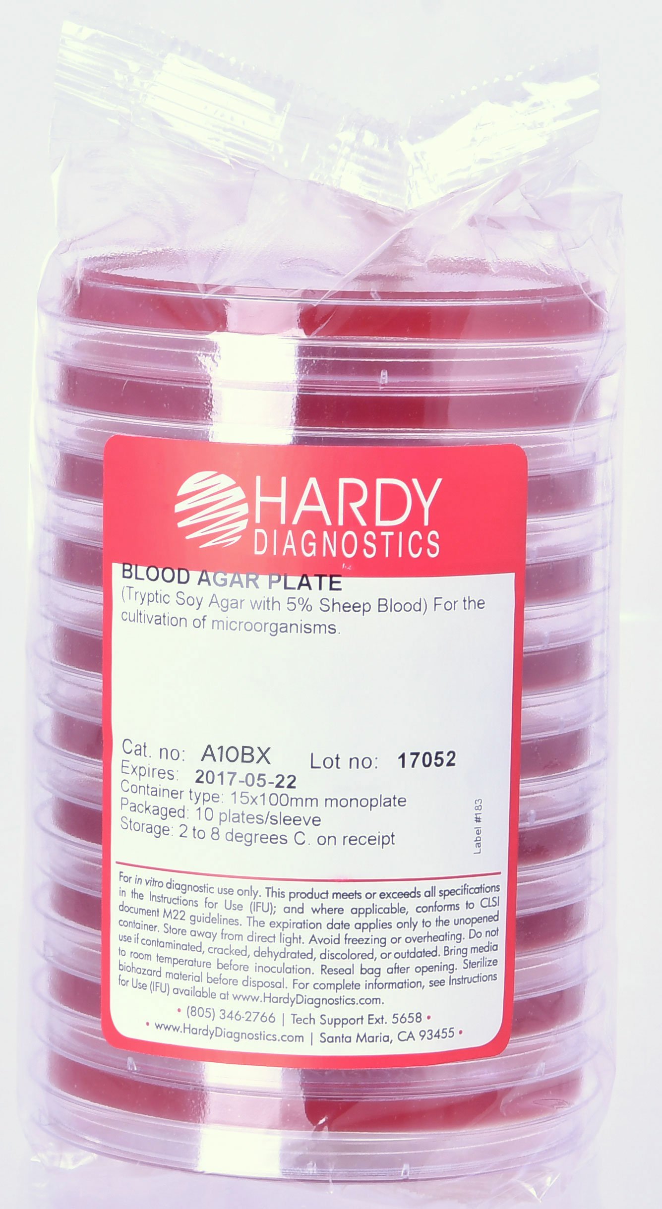 Blood Agar Plate, 5% Sheep Blood in Tryptic Soy Agar (TSA) Base, 15x100mm Plate, Order by The Package of 100, by Hardy Diagnostics