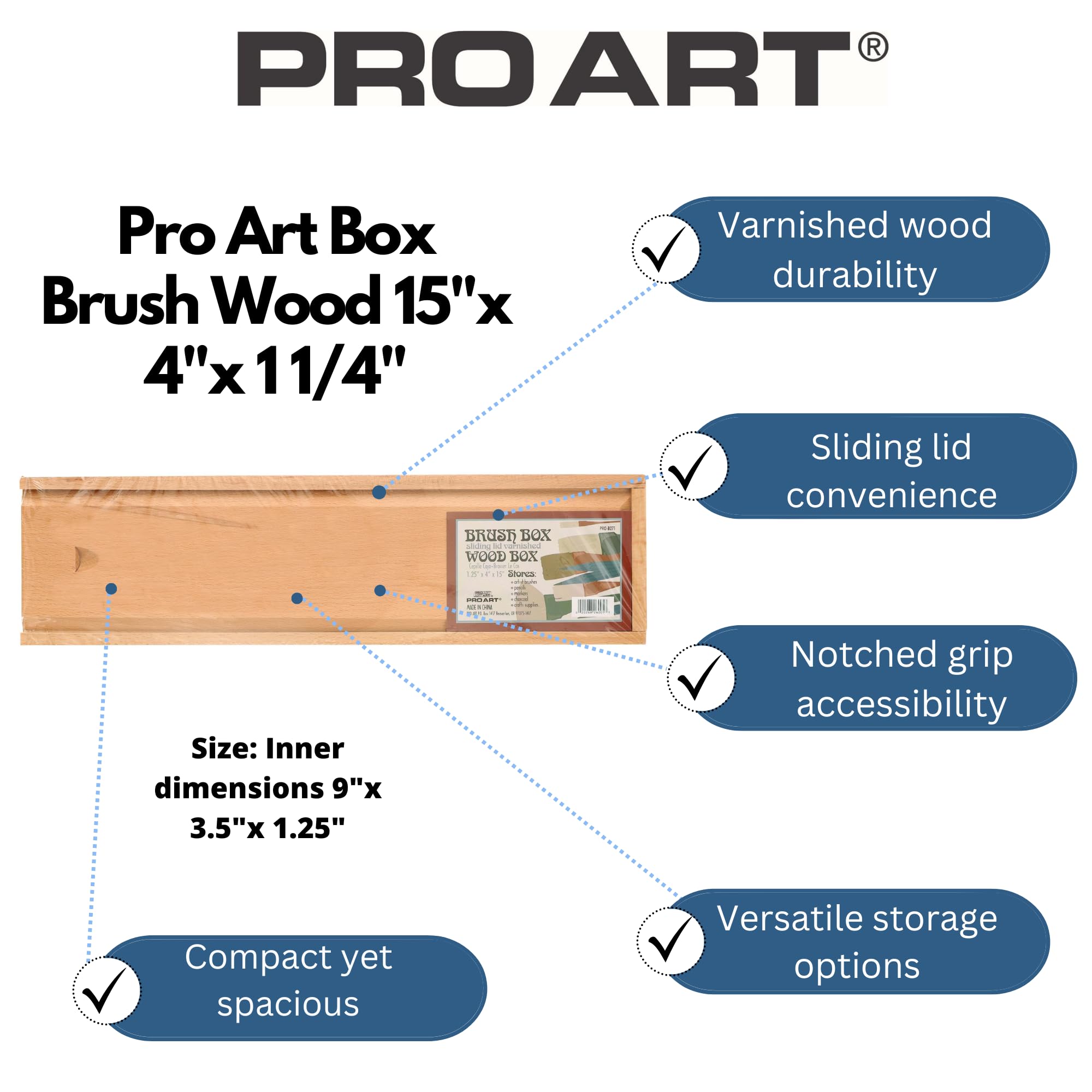PRO ART Paint Brush Box, 15-inch x 4-inch x 1-1/4-inch, Natural