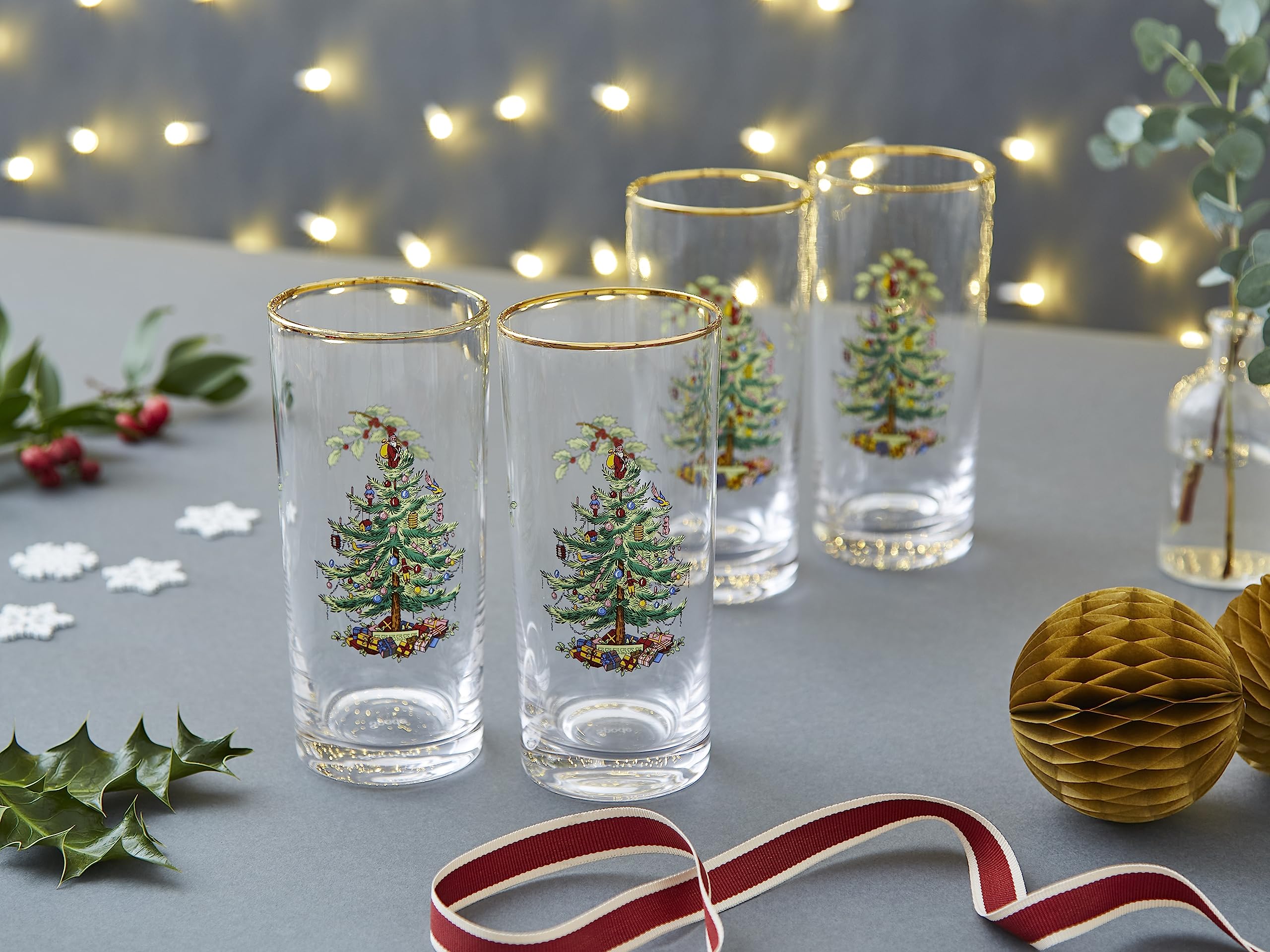 Spode Christmas Tree Hiball Glasses, Set of 4