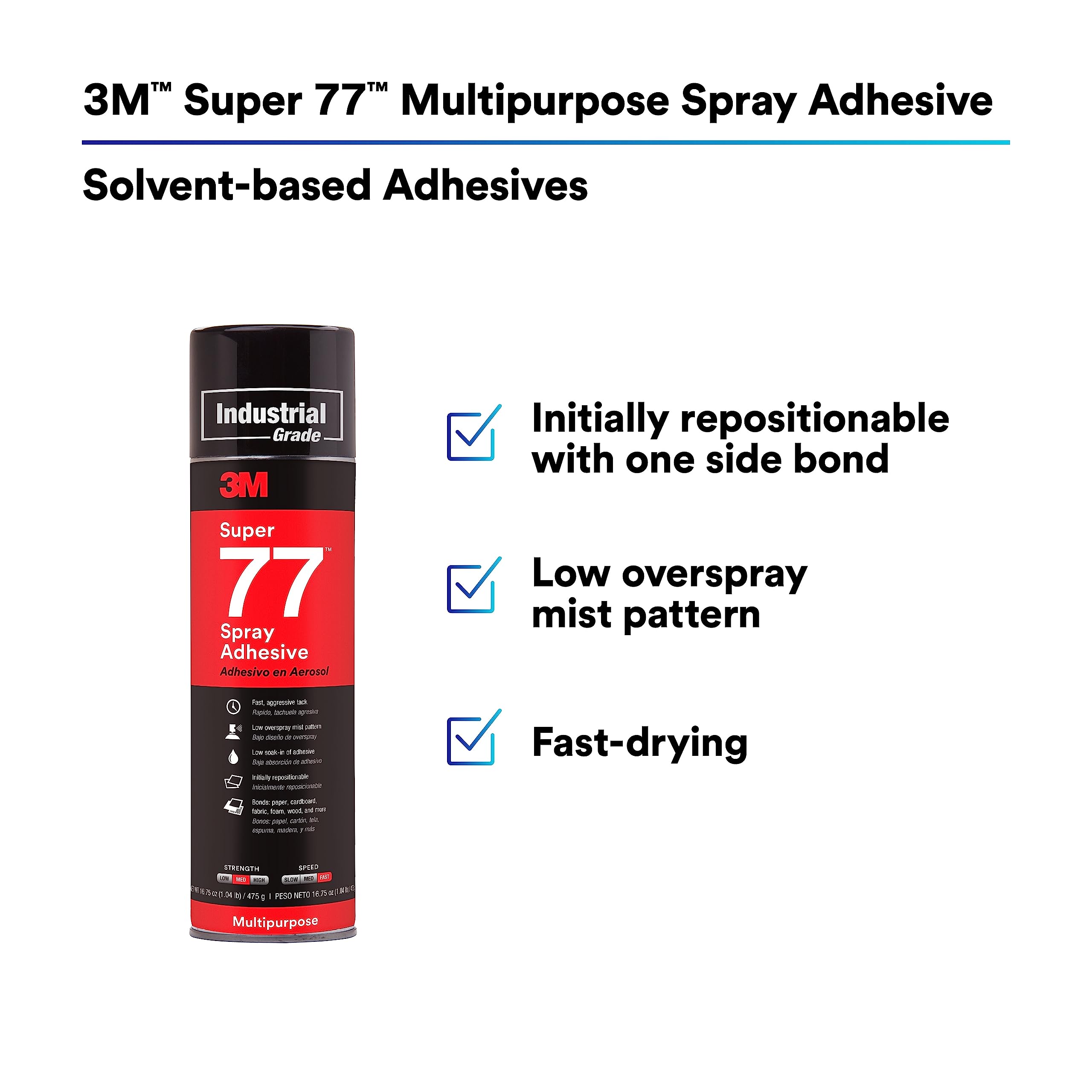 3M Super 77 Multipurpose Permanent Spray Adhesive Glue, Paper, Cardboard, Fabric, Plastic, Metal, Wood, Net Wt 16.75 oz, Clear, (77-24)