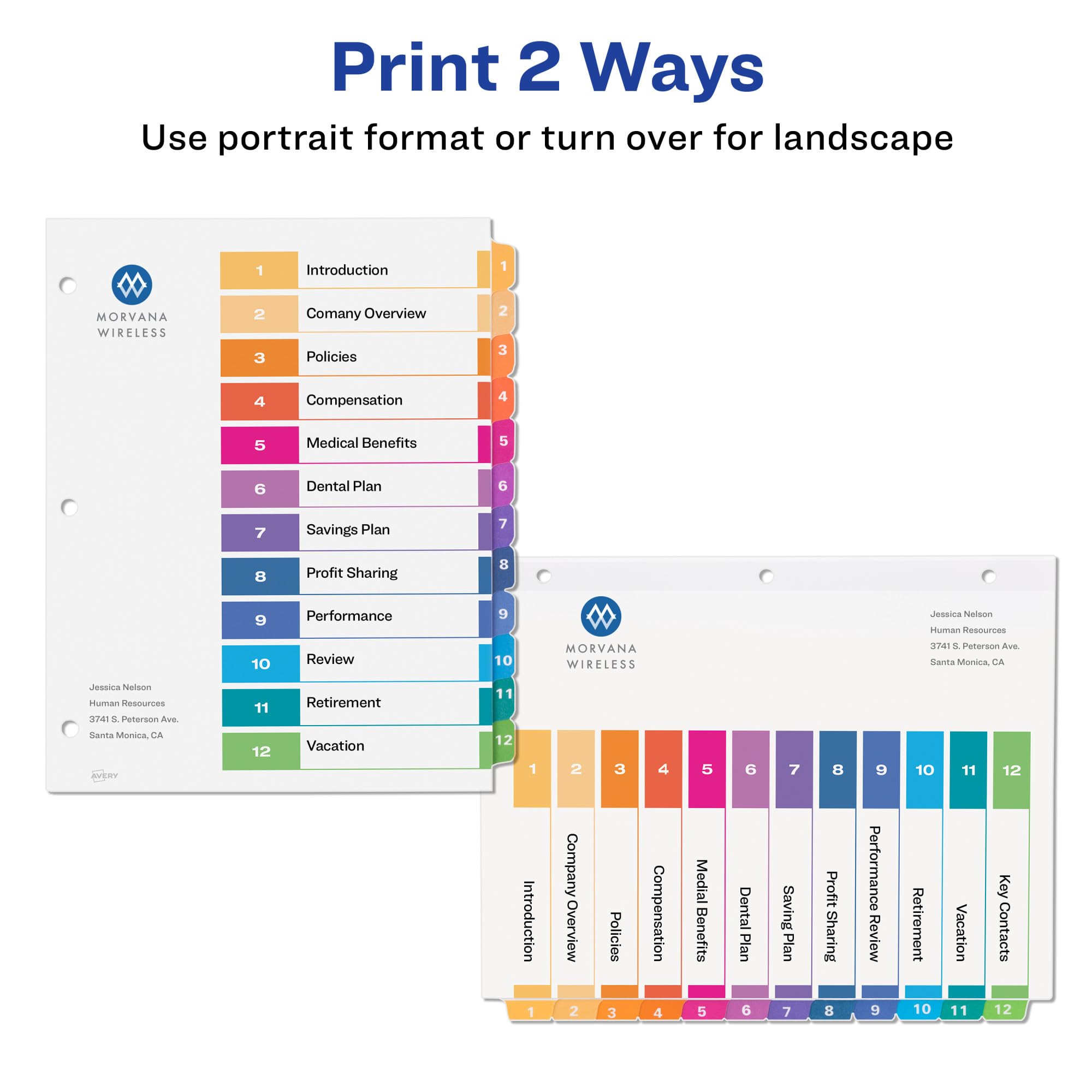 Avery Ready Index 12-Tab Binder Dividers, Customizable Table of Contents, Multicolor Tabs, 6 Sets (11196)