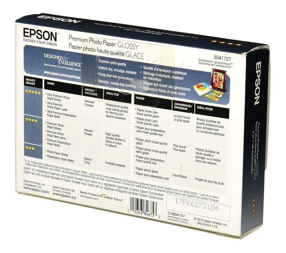 Epson S041727 Premium Photo Paper, 68 lbs., High-Gloss, 4 x 6 (Pack of 100 Sheets),White