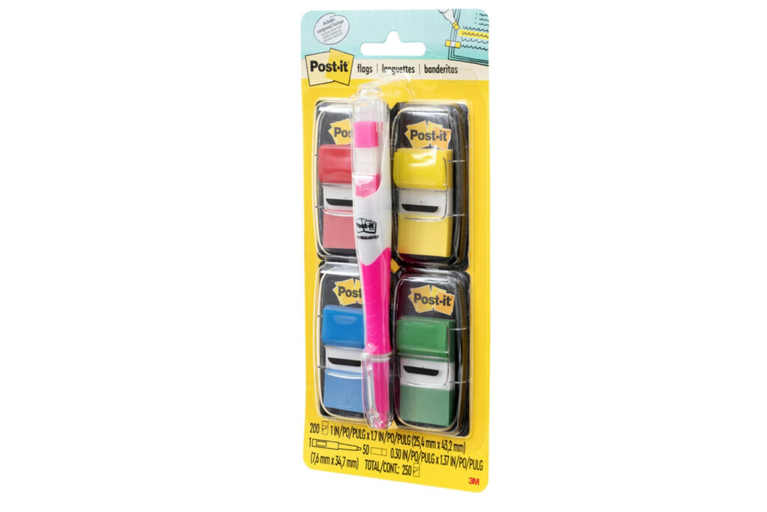 Post-it Flags Value Pack, 50/Dispenser, 4 Dispensers/Pack, 1 in Wide, Assorted Colors, Includes FREE Flags + Highlighter (680-RYBGVA)