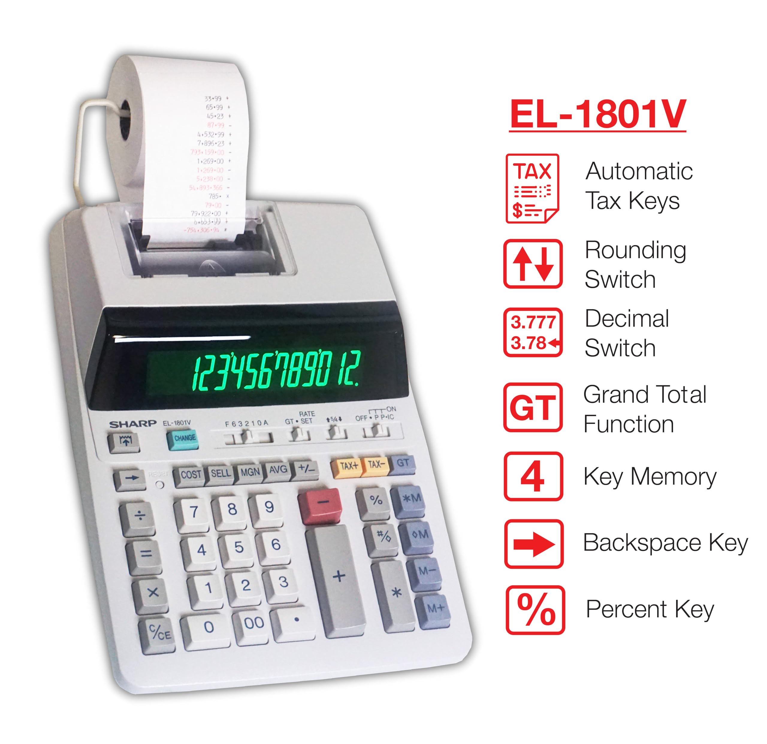Sharp EL-1801V Ink Printing Calculator, Fluorescent Display, AC, Off-White