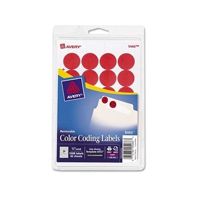 Avery Print/Write Self-Adhesive Removable Labels, 0.75 Inch Diameter, Red, 1008 per Pack (5466)