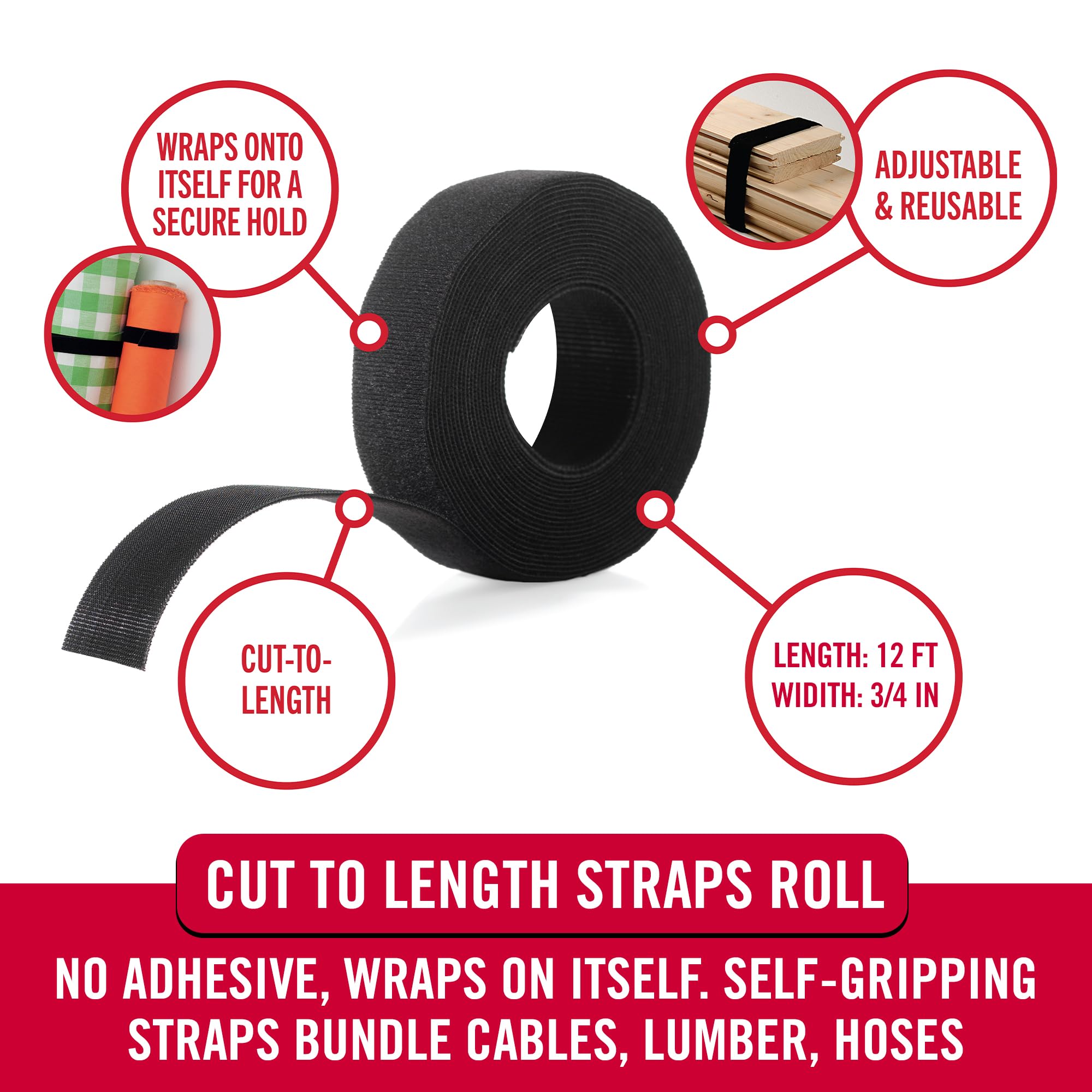 VELCRO Brand - ONE-WRAP Roll, Double-Sided, Self Gripping Multi-Purpose Hook and Loop Tape, Reusable, 12' x 3/4" Roll - Black