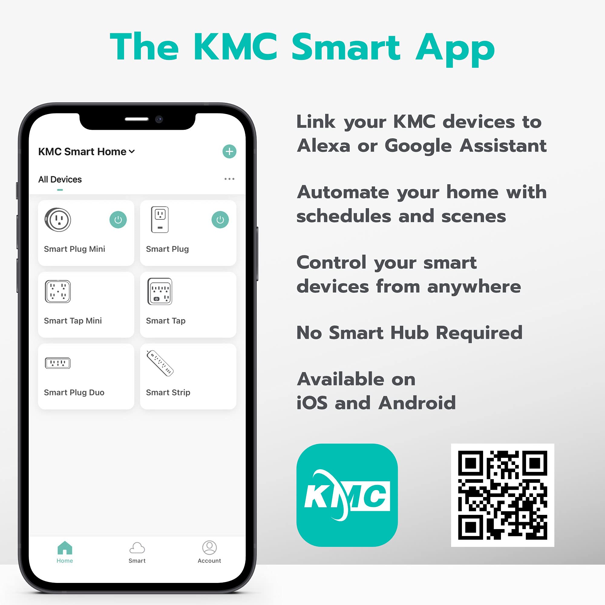 KMC Smart Plug Duo, 2-Outlet Wi-Fi Smart Plug, Multi Plug Adapter, Independently Controlled Smart Outlets, Works with Alexa & Google Assistant, No Hub Required