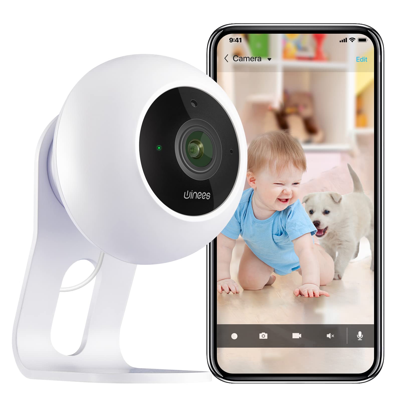 winees Indoor Security Camera, Baby Monitor Wi-Fi Smart Home IP Camera with Motion Detection,2-Way Audio, 2.4GHZ, Night Vision, Multi Installation Cam for Pet, Baby Works with Alexa
