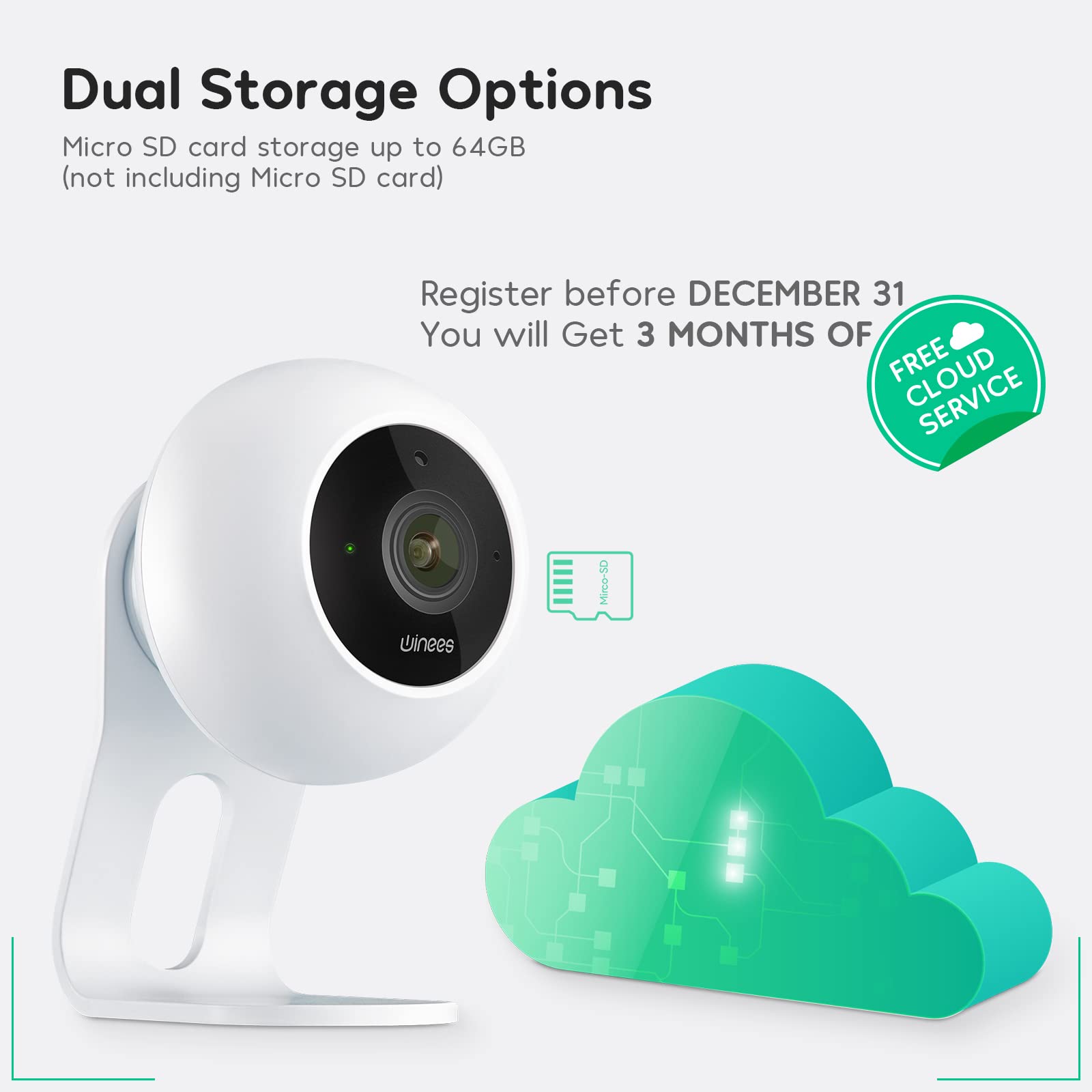 winees Indoor Security Camera, Baby Monitor Wi-Fi Smart Home IP Camera with Motion Detection,2-Way Audio, 2.4GHZ, Night Vision, Multi Installation Cam for Pet, Baby Works with Alexa