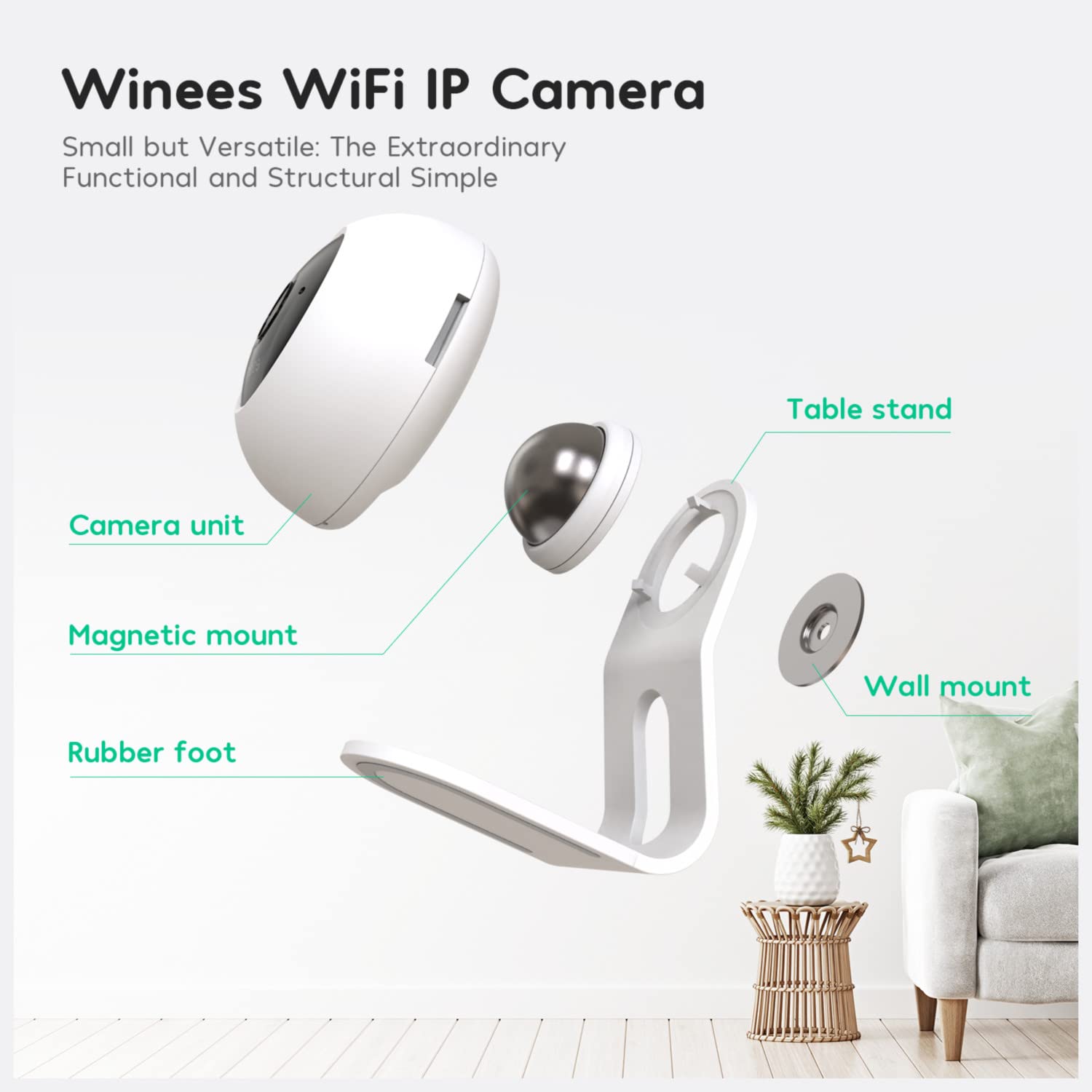 winees Indoor Security Camera, Baby Monitor Wi-Fi Smart Home IP Camera with Motion Detection,2-Way Audio, 2.4GHZ, Night Vision, Multi Installation Cam for Pet, Baby Works with Alexa