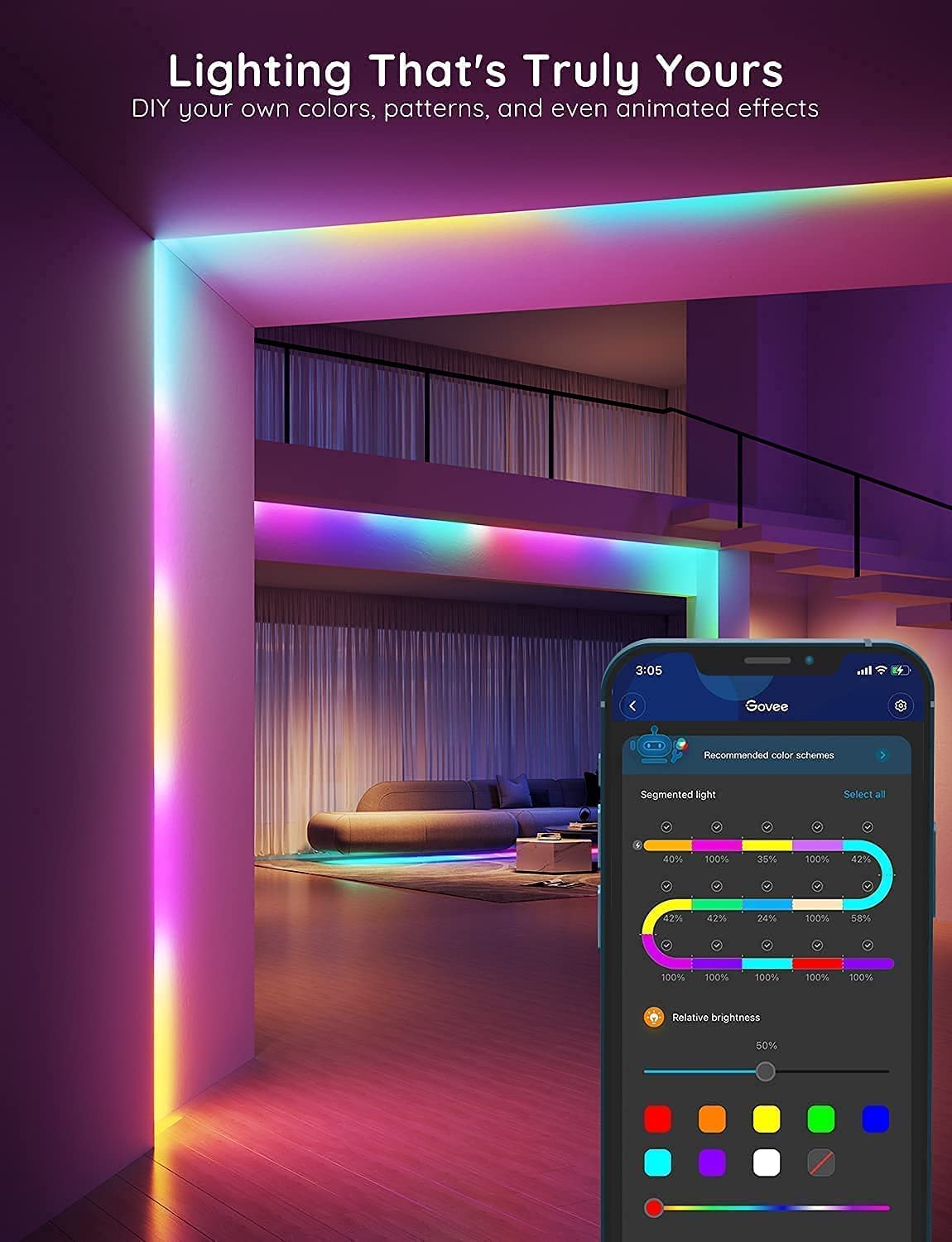 Govee RGBIC Alexa LED Strip Light 16.4ft, Smart WiFi LED Lights Work with Alexa and Google Assistant, Segmented DIY, Music Sync, Color Changing LED Strip Lights for Gaming Room, Bedroom, Cabinet, Desk