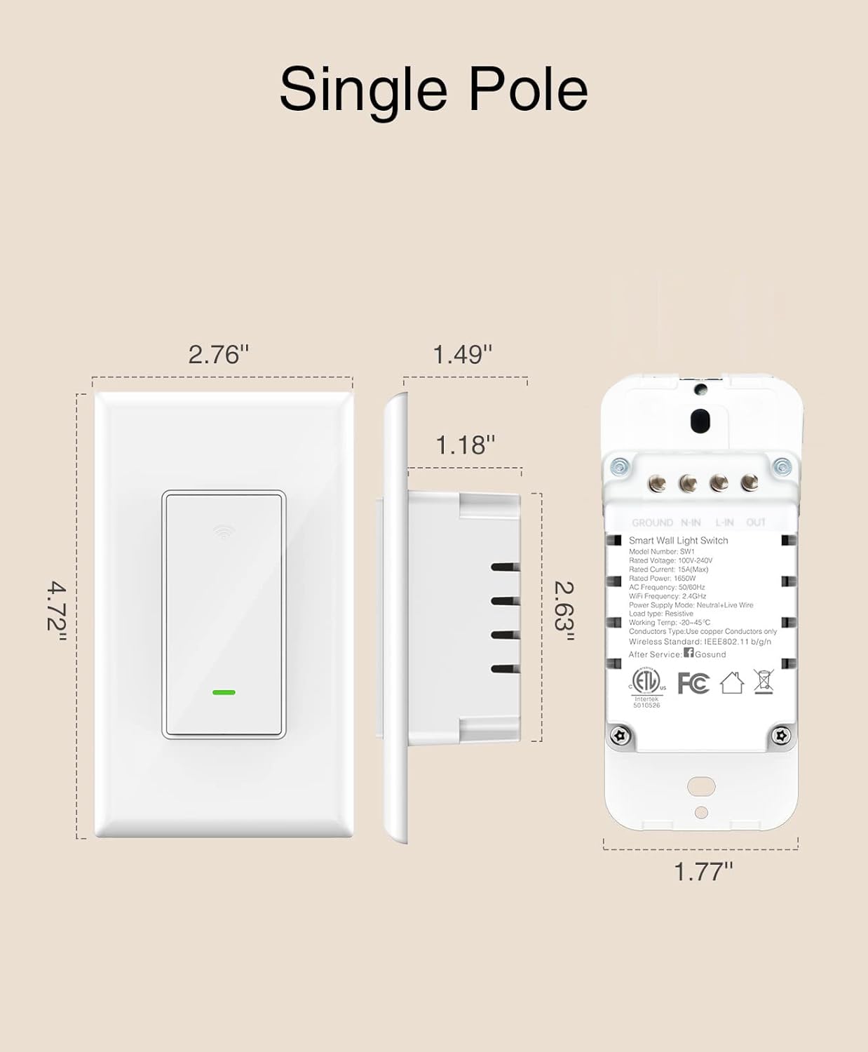 GHome Smart Switch,Smart Wi-Fi Light Switch for Lights Works with Alexa and Google Home 2.4Ghz, Single-Pole,Neutral Wire Required,UL Certified,Voice Control (4 Pack)