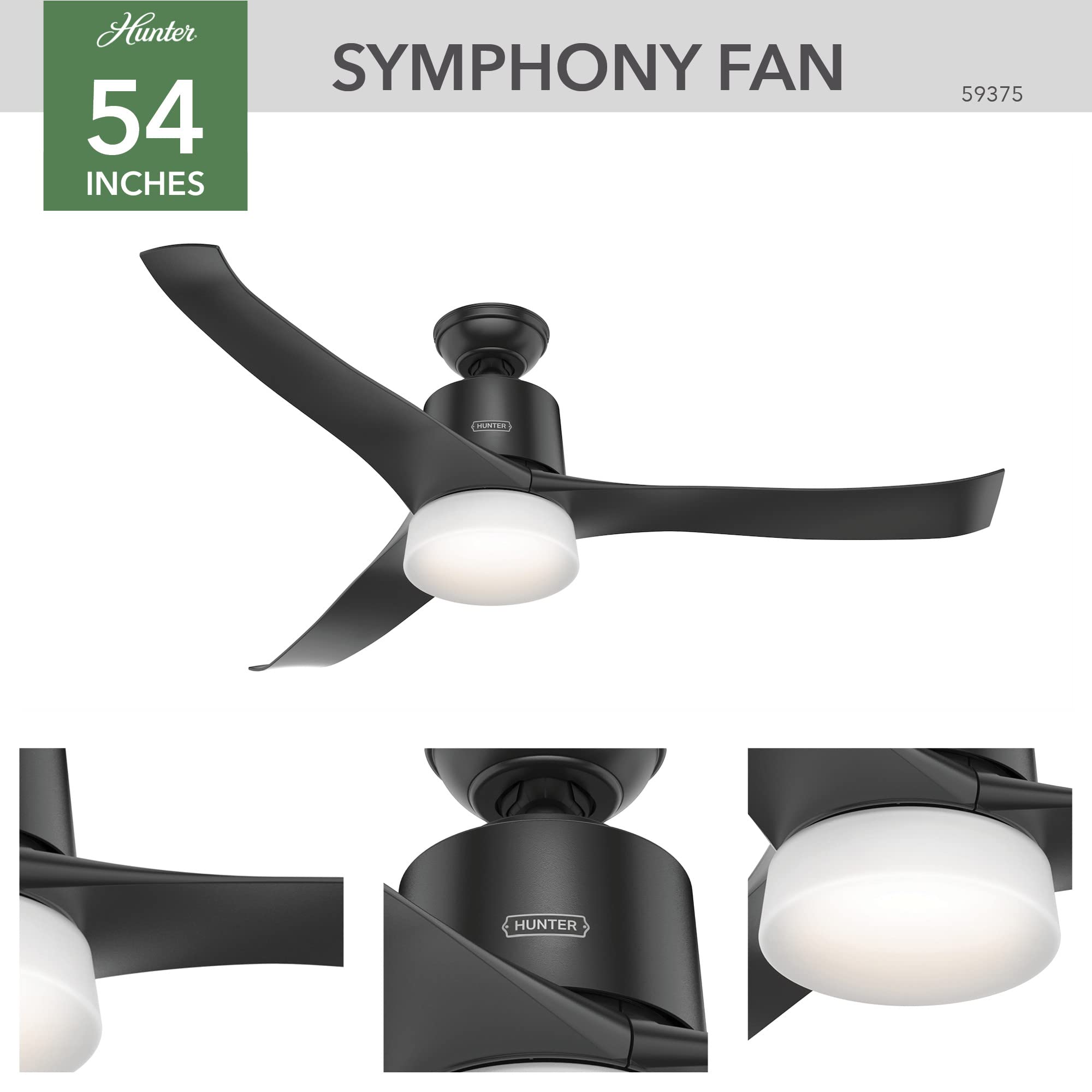 Hunter Fan Company, 59375, 54 inch Wi-Fi Symphony Matte Black Ceiling Fan with LED Light Kit and Handheld Remote, Smart Fan