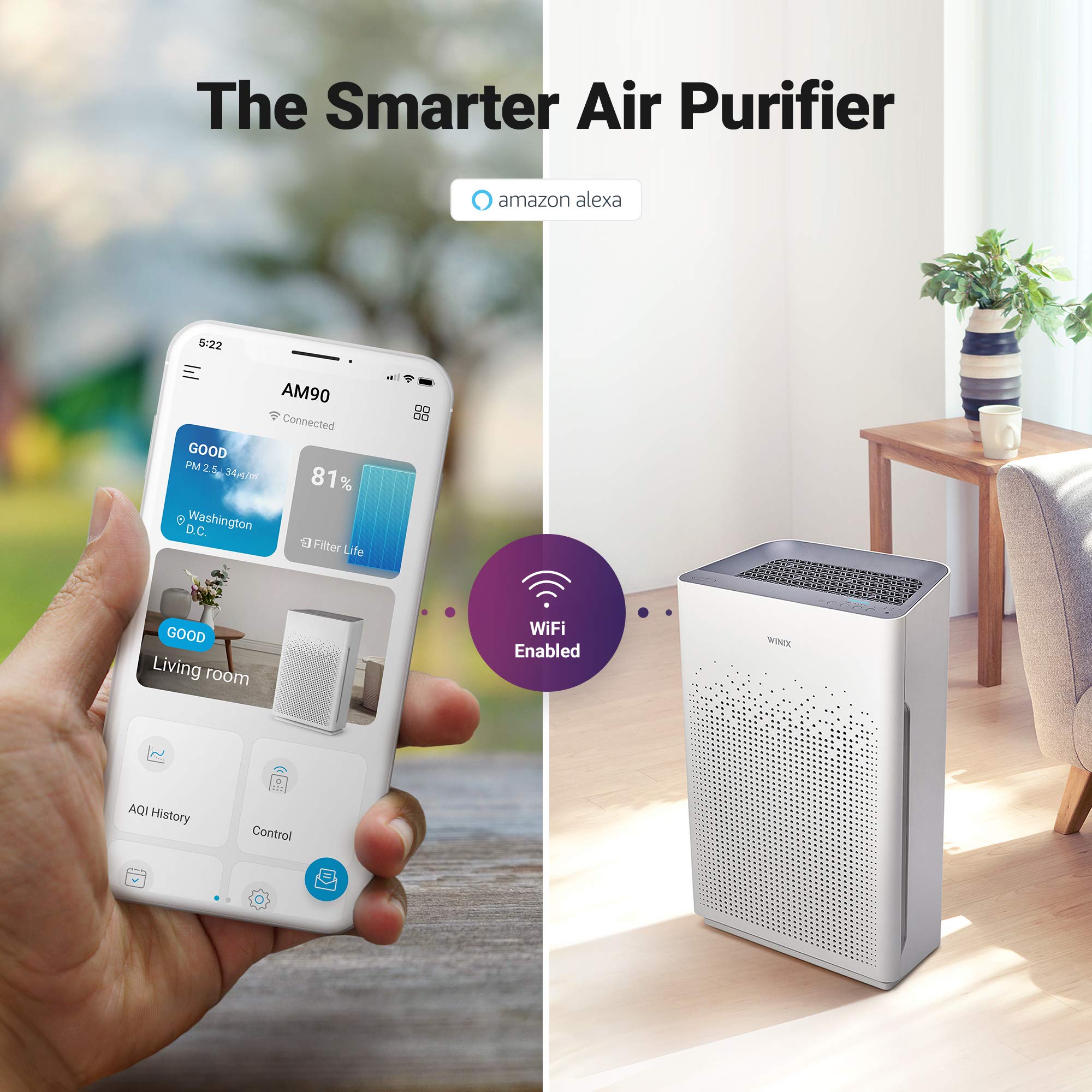 Winix 1022-0214-00 Wi-Fi Air Purifier, 360sq ft Room Capacity, Amazon Alexa and Dash Replenishment Enabled