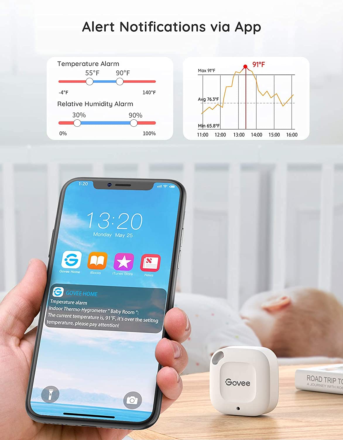 Govee Hygrometer Thermometer, Wireless Thermometer, Mini Bluetooth Humidity Sensor with Notification Alert, Data Storage and Export, 262 Feet Connecting Range