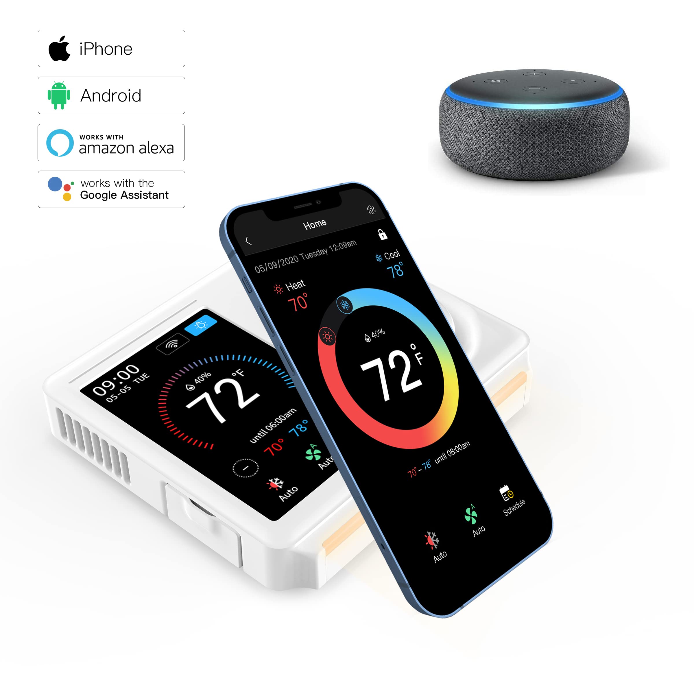 Vine TJ-610E Wi Fi 7 Day and 8 Period Programmable 5th Generation Smart Home Thermostat, Compatible with Amazon Alexa, Google Assistant, and Vine App