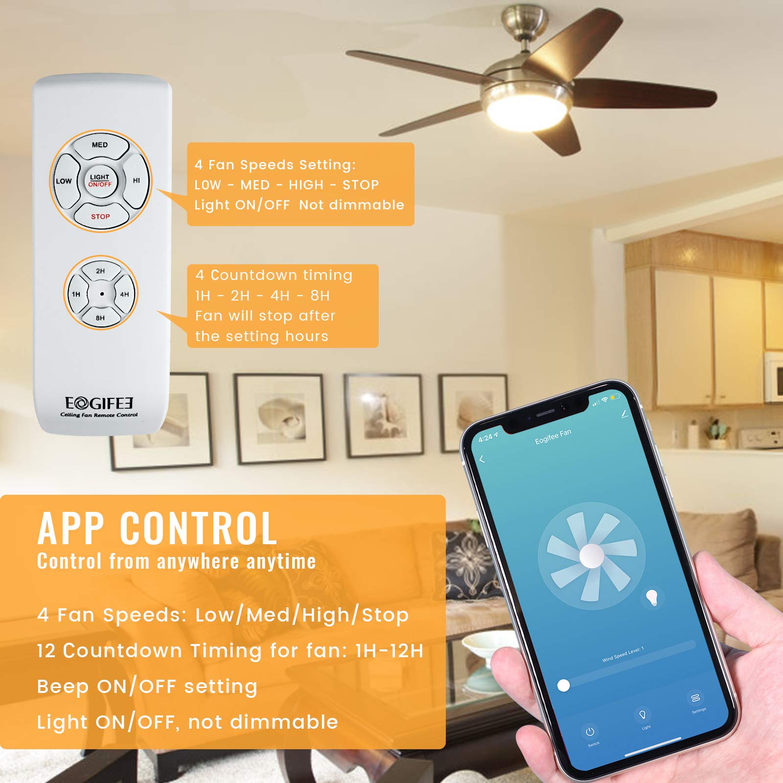 Smart WiFi Ceiling Fan Remote Control Kit Universal Small Size Receiver 12 Hours Countdown Timing 4 Speeds Compatible with Echo Alexa Google Assistant Replacement of Hampton Bay Harbor Breeze Hunter