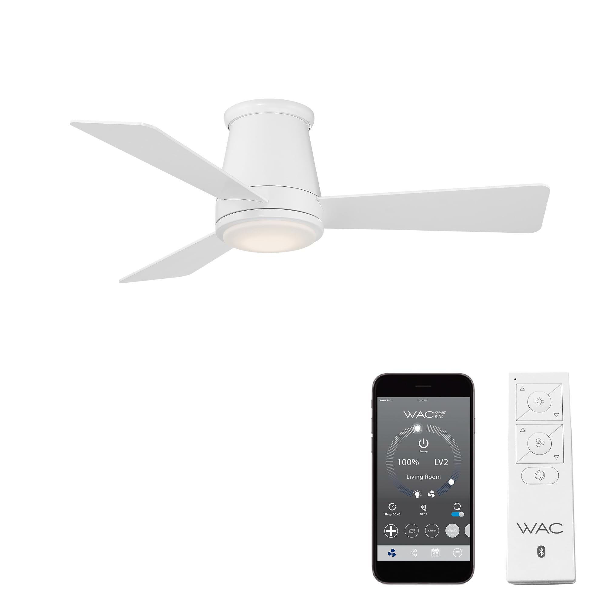 WAC Smart Fans Hug Indoor and Outdoor 3-Blade Flush Mount Ceiling Fan 44in Matte White with 3000K LED Light Kit and Remote Control works with Alexa and iOS or Android App