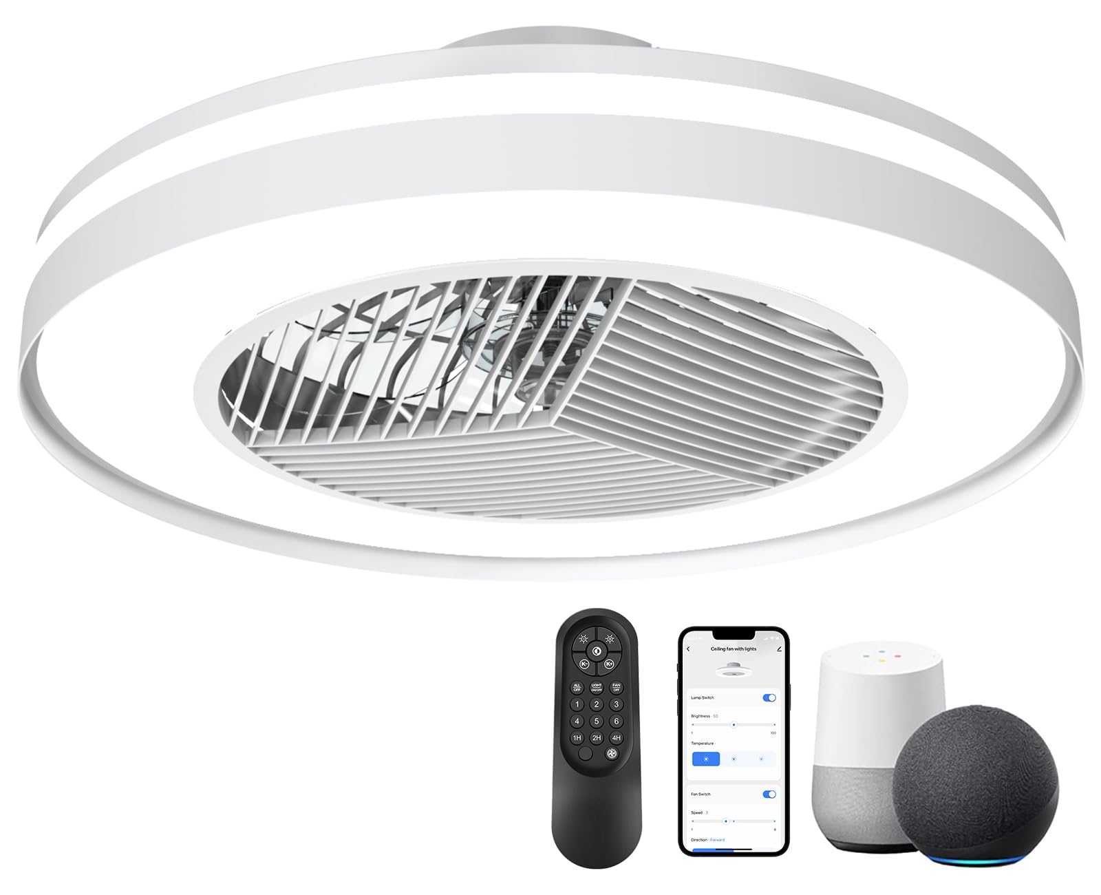 Ceiling Fan with Lights Remote Control,Dimmable Fan Lighting, 20'' Enclosed Bladeless Fan, Semi Flush Mount,2.4GHz Wi-Fi Bluetooth & App Controlled Works with Alexa and Google Assistant (Matte White)